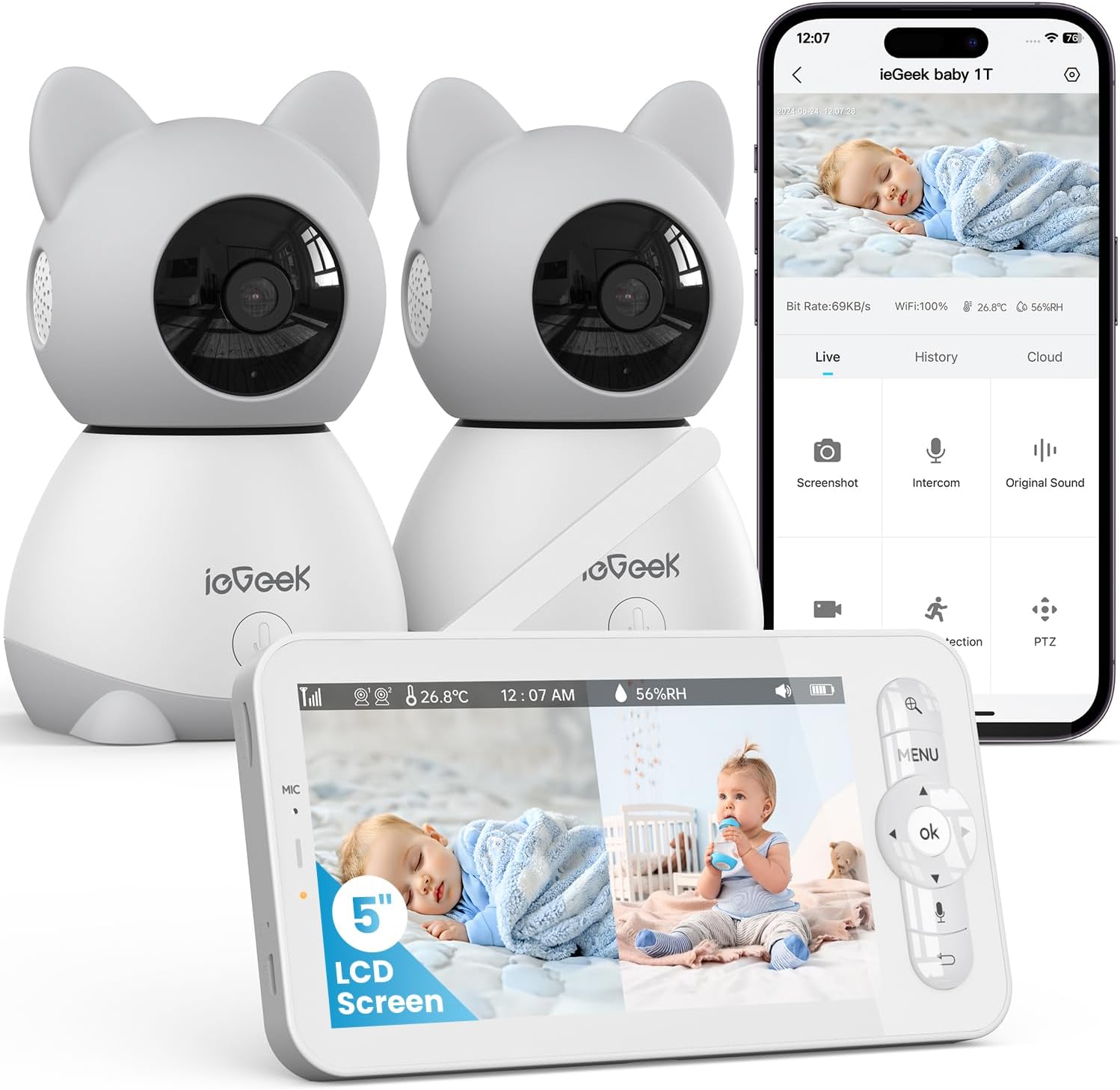 Amazon.com: ieGeek Baby Monitor with 2 Cameras, Split-Screen Video Baby ...
