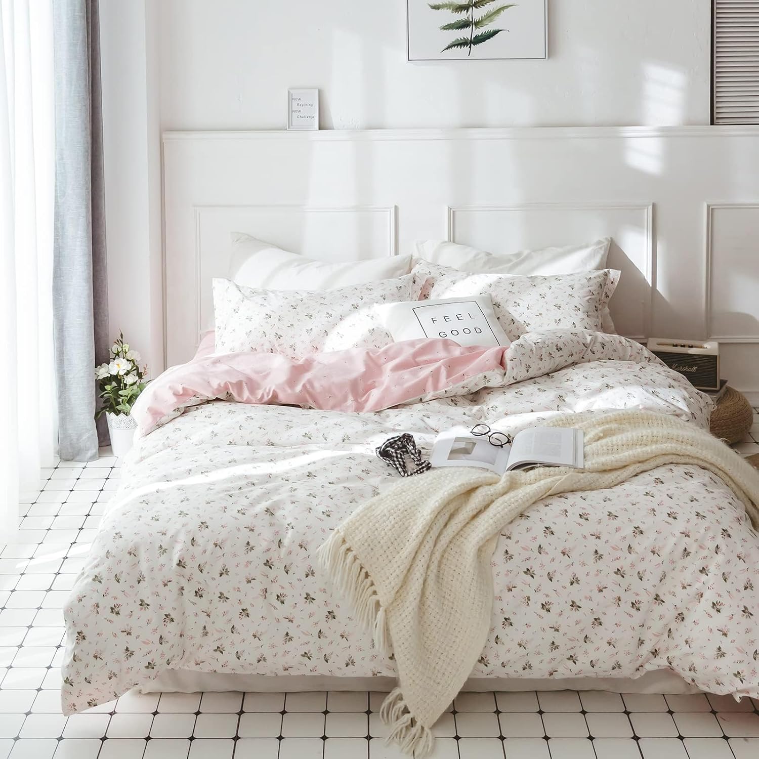 Amazon.com: VClife Queen Cotton Duvet Cover Pink White Floral Bedding ...