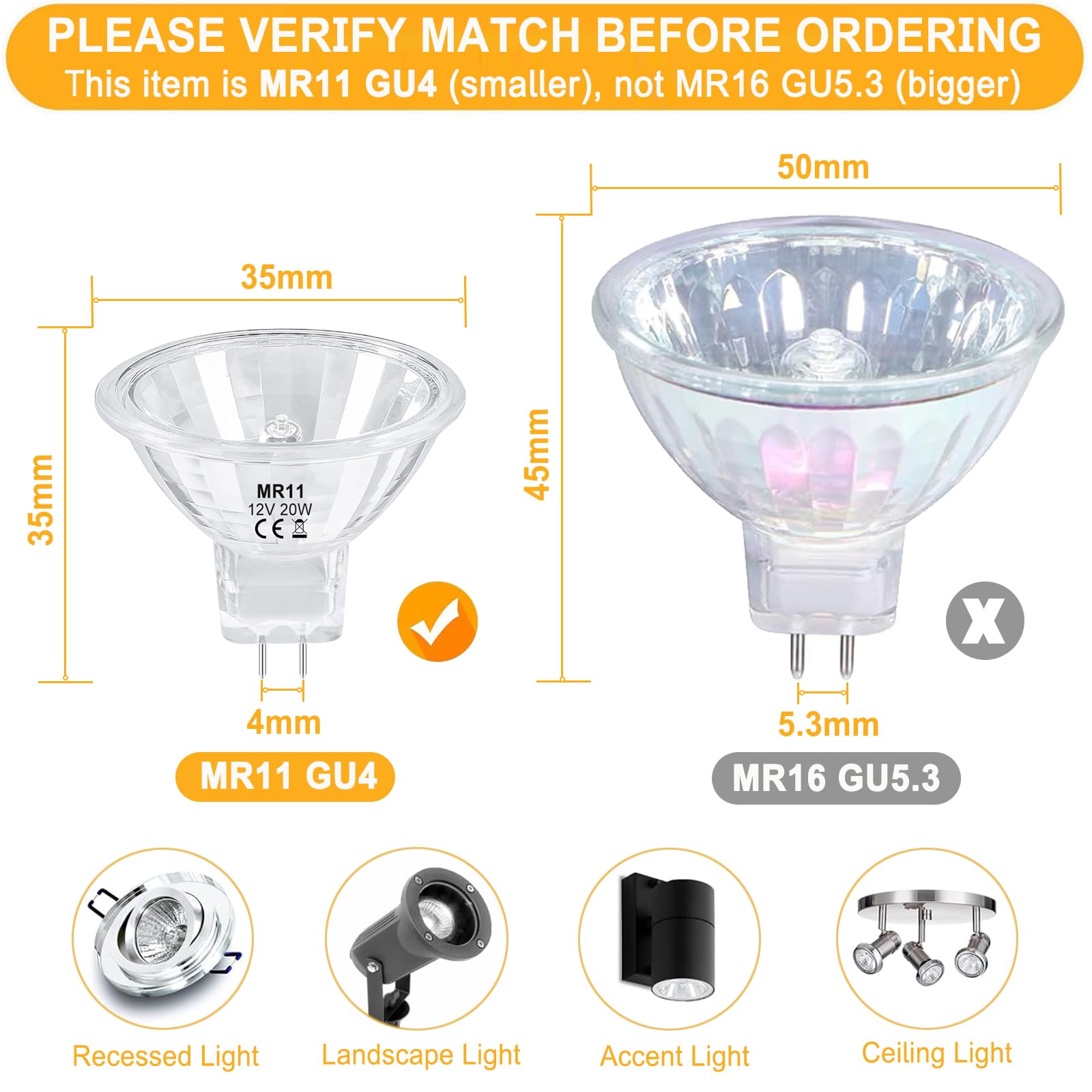 EASYIVY MR11 GU4 Halogen Bulb 12V 20W Dimmable, GU4 Bi-Pin Base ...