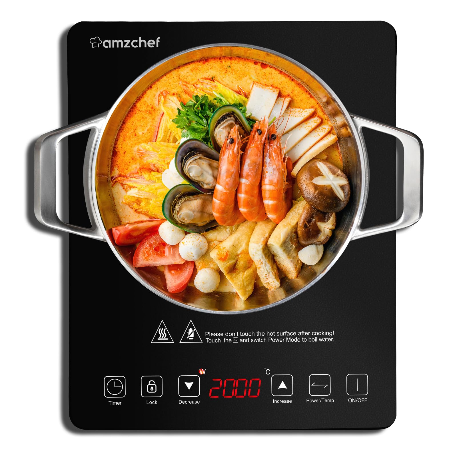 AMZCHEF Induction Hob, 2000 W Single Induction Hob with Slim Design, 20 ...