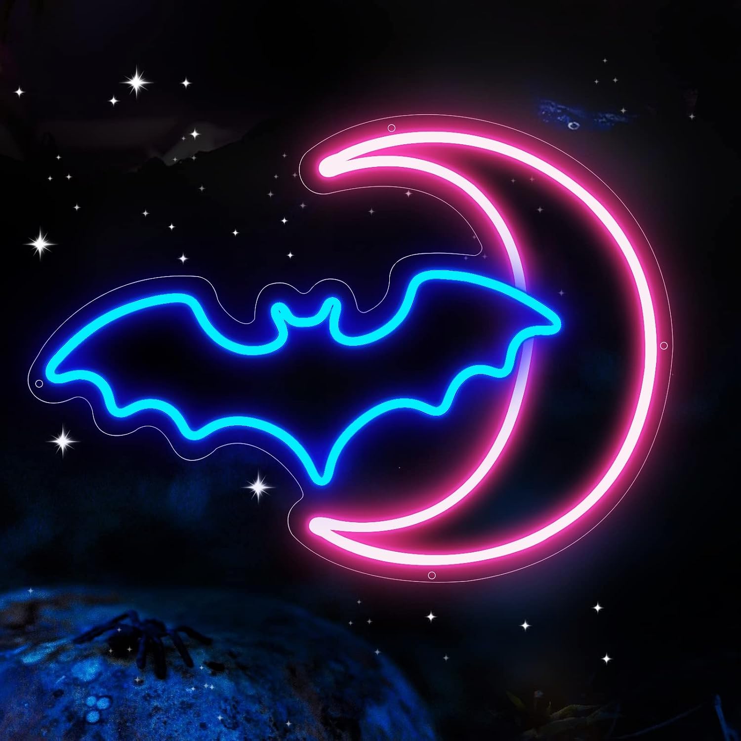 WalmHomie Bat and Moon LED Neon Lights,Pink Blue Acrylic Halloween ...