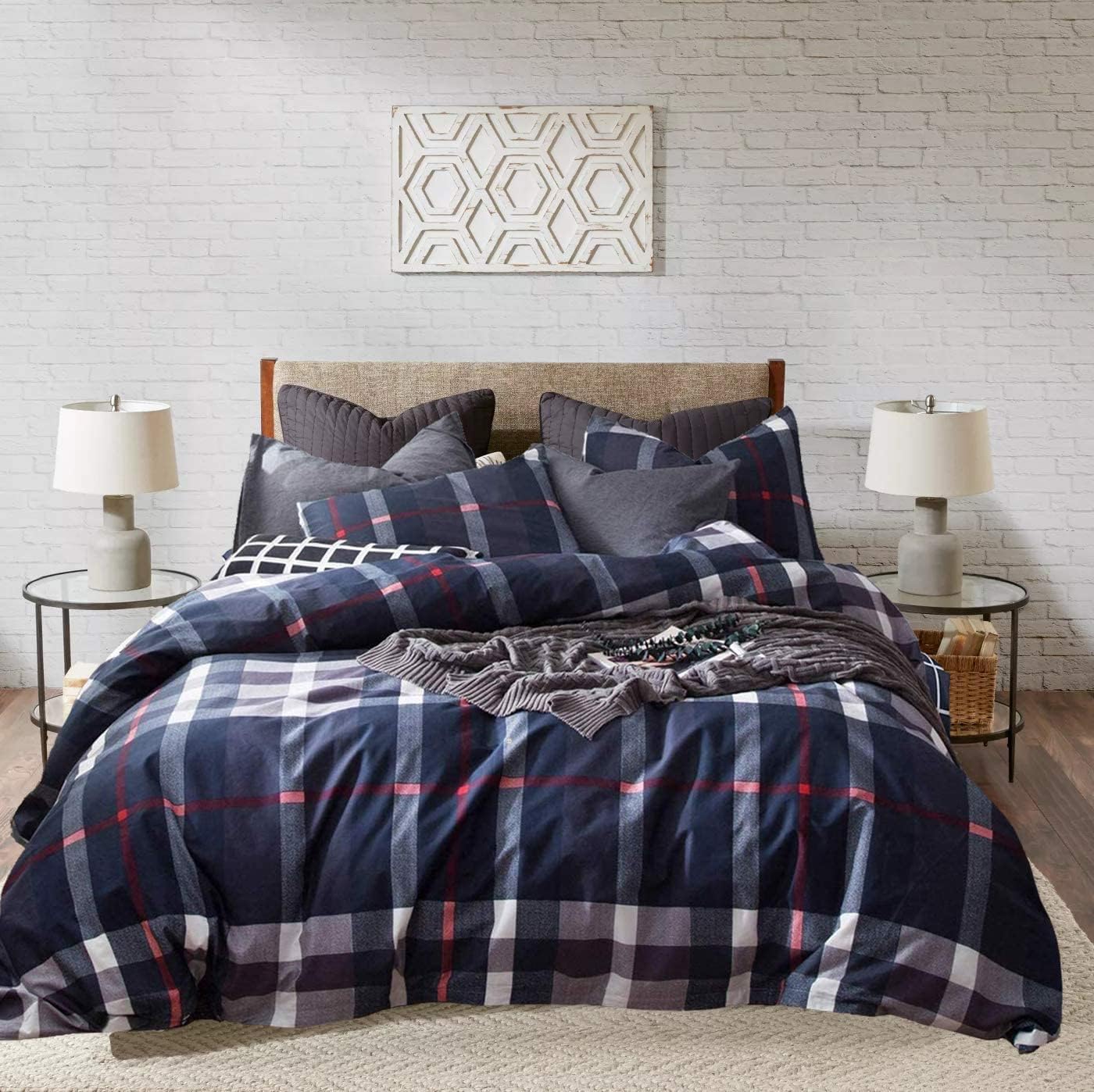 Amazon.com: KAREVER Navy Plaid Comforter Set Full Multicolor Checkered ...