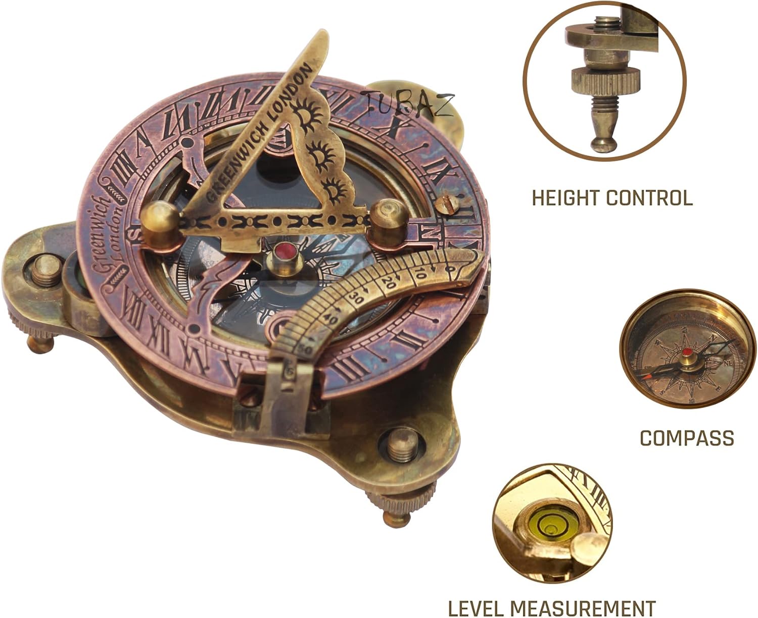TUBAZ 3″ Brass compass sundial maritime nautical vintage antique ...