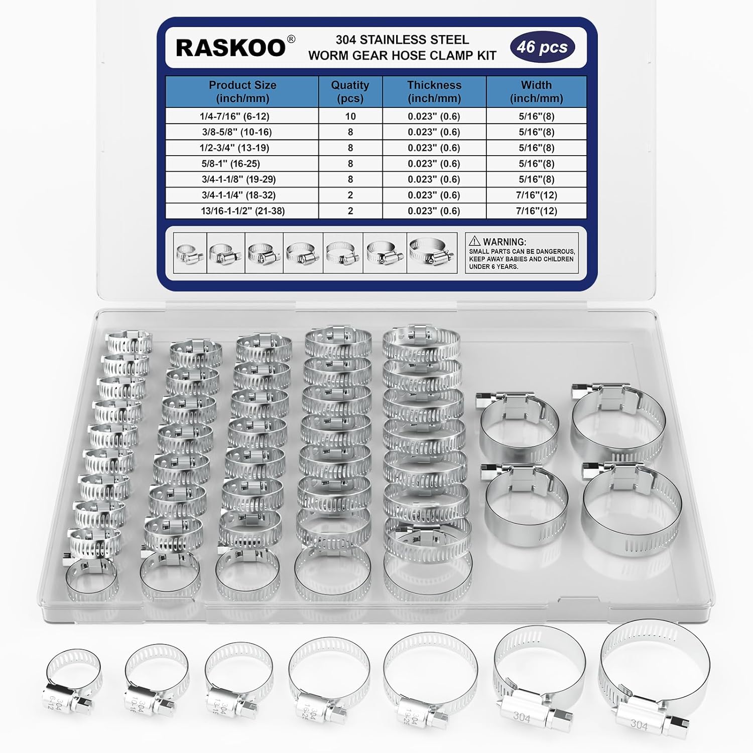 RASKOO 46PCS Premium Stainless Steel Hose Clamps Kit, 7 Size (1/4"-1-1/ ...