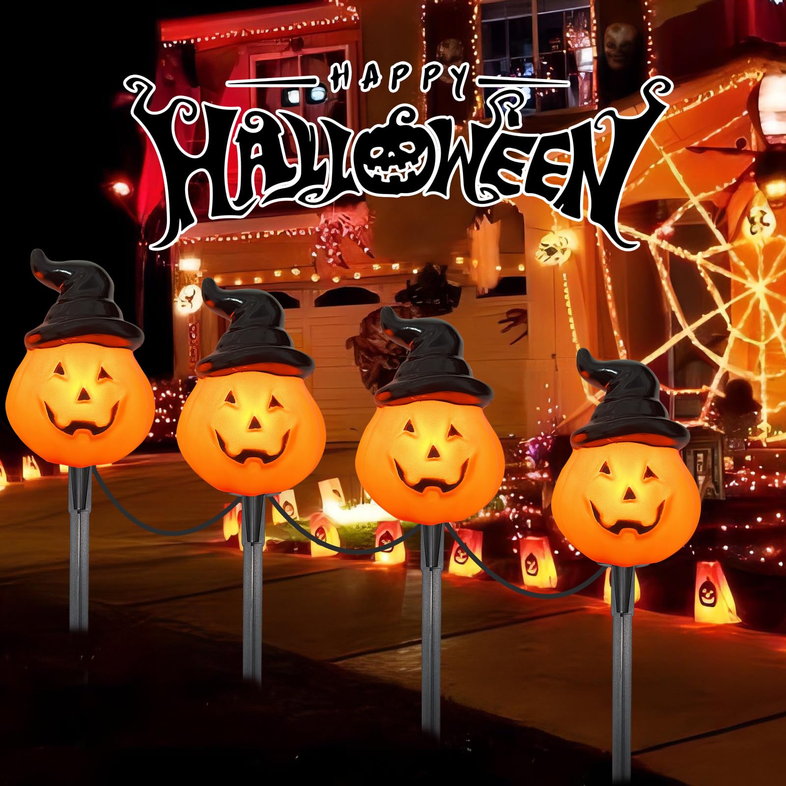 Halloween Pumpkin Pathway Lights,4 Pcs Jack-o-Lantern Stake Lights with ...