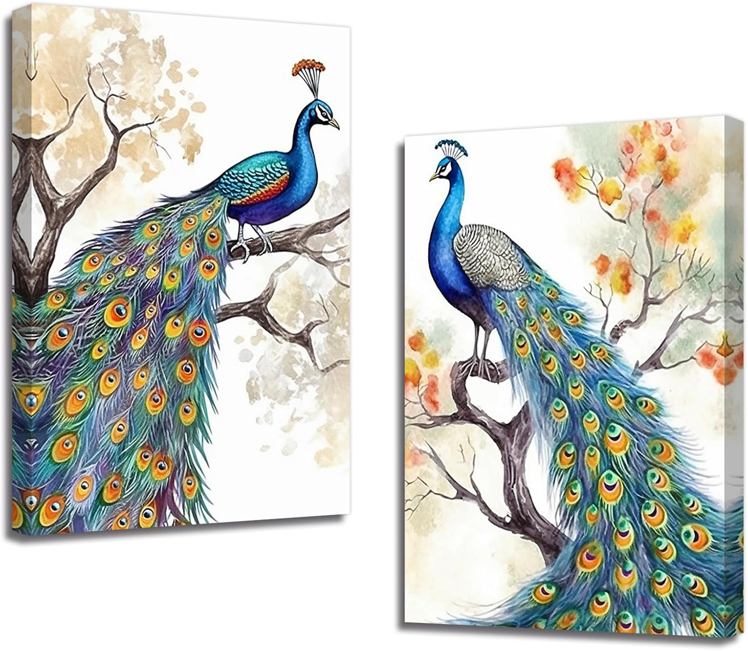 Amazon.com: LZIMU Peacock Canvas Prints Wall Art 2 Panels Elegant Blue ...