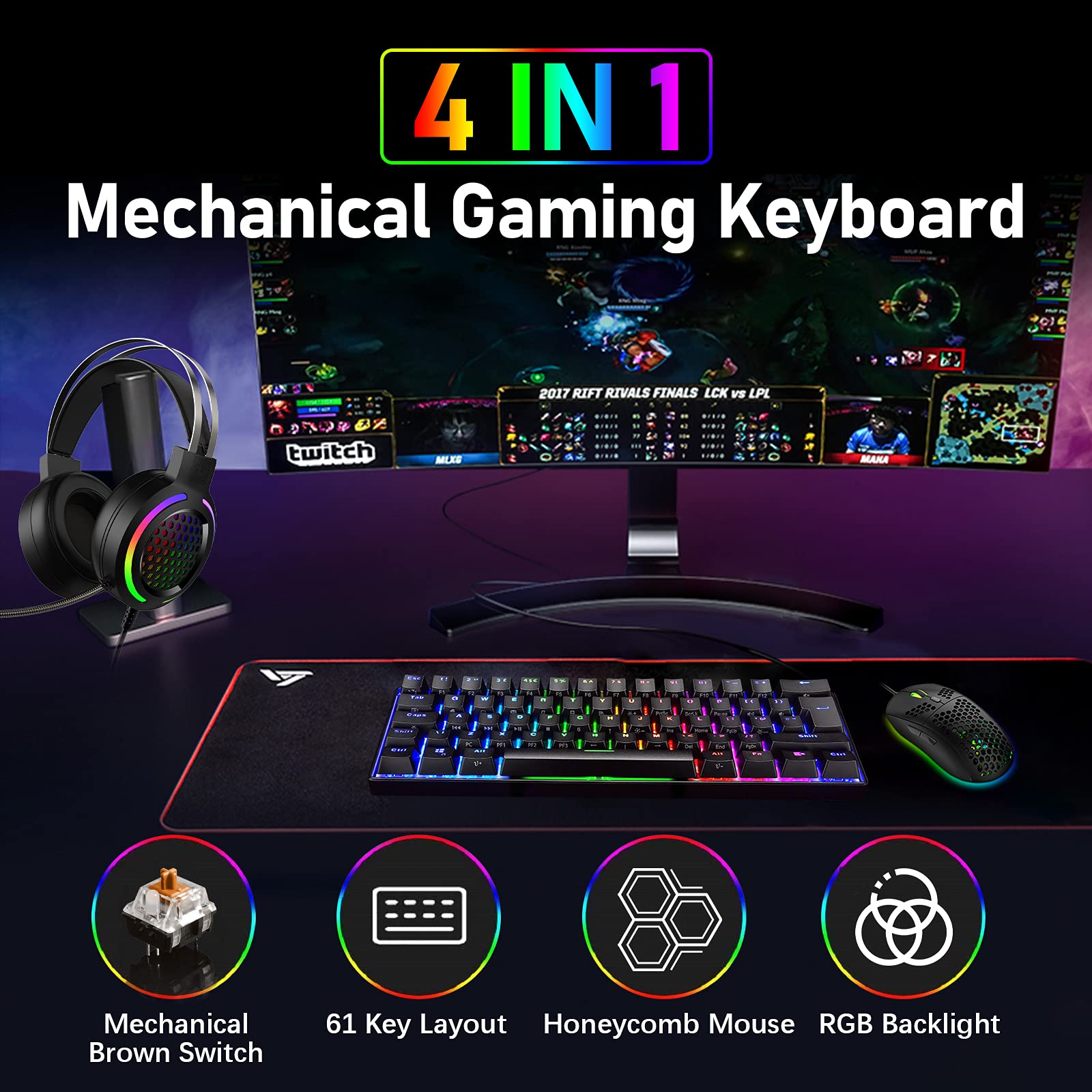 60% Mechanical Gaming Keyboard Mouse and Headset Combo with Rainbow ...