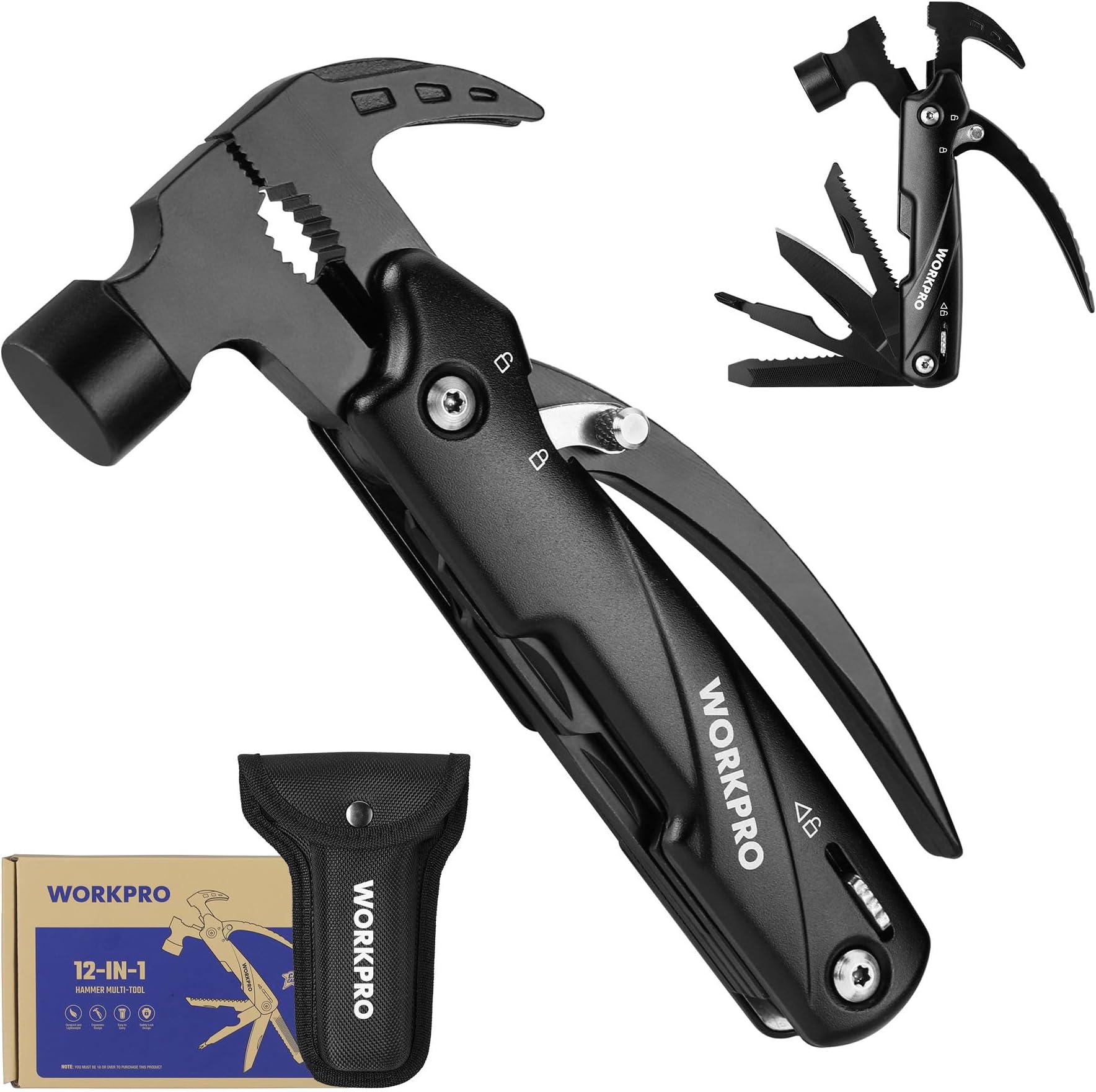 WORKPRO 12-in-1 Multi-Tool Hammer, with Pliers, Nail Remover, Saw,Bottle, Opener, Screwdriver ...