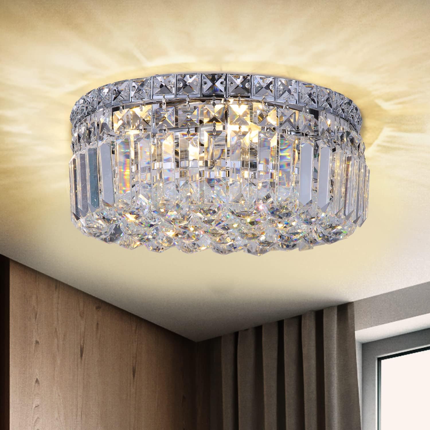 Bestier Chrome Modern Crystal Square Raindrop Chandelier Lighting Flush ...
