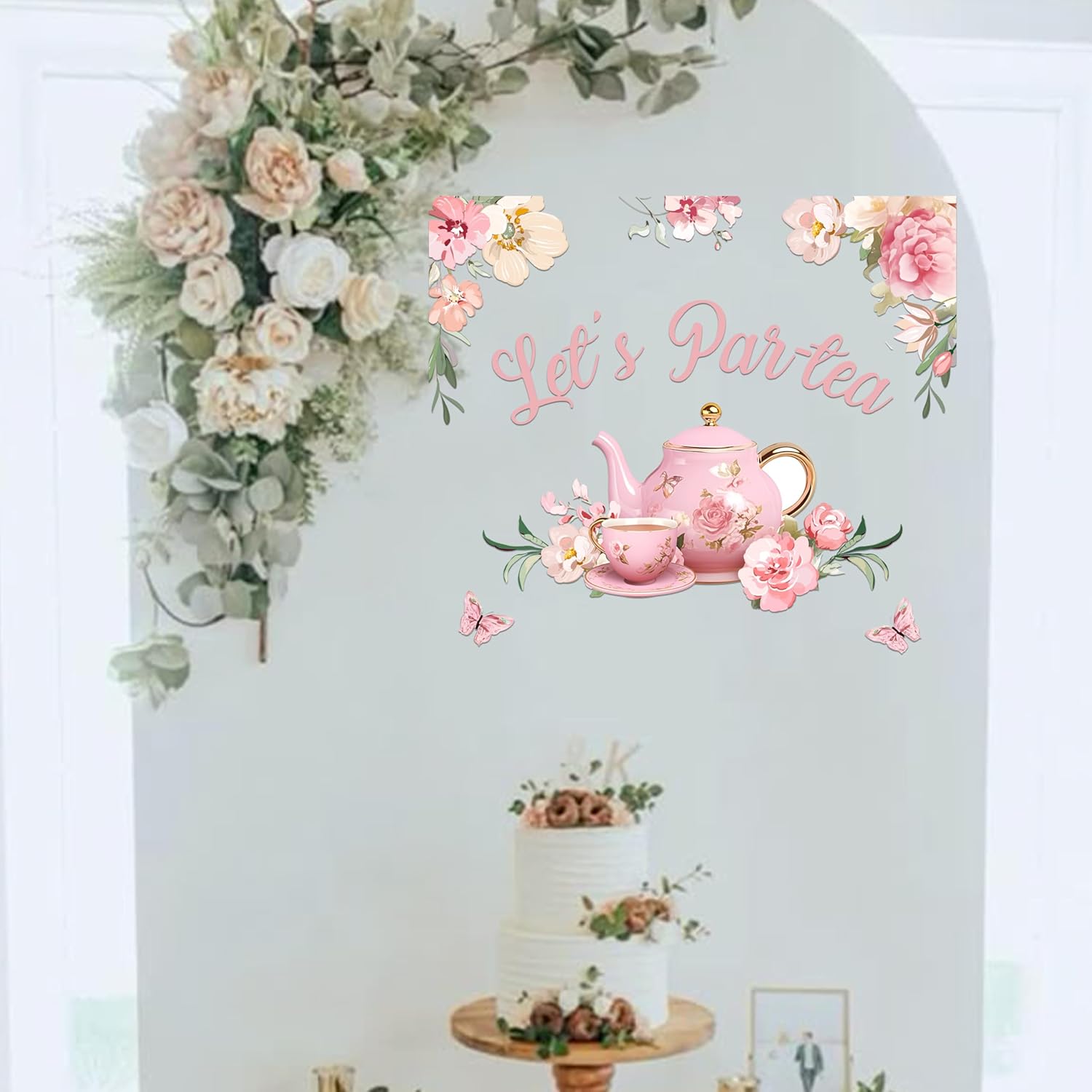 Amazon.com: Raoformi Let's Par-Tea Decal - Pink Floral Tea Party Wall ...