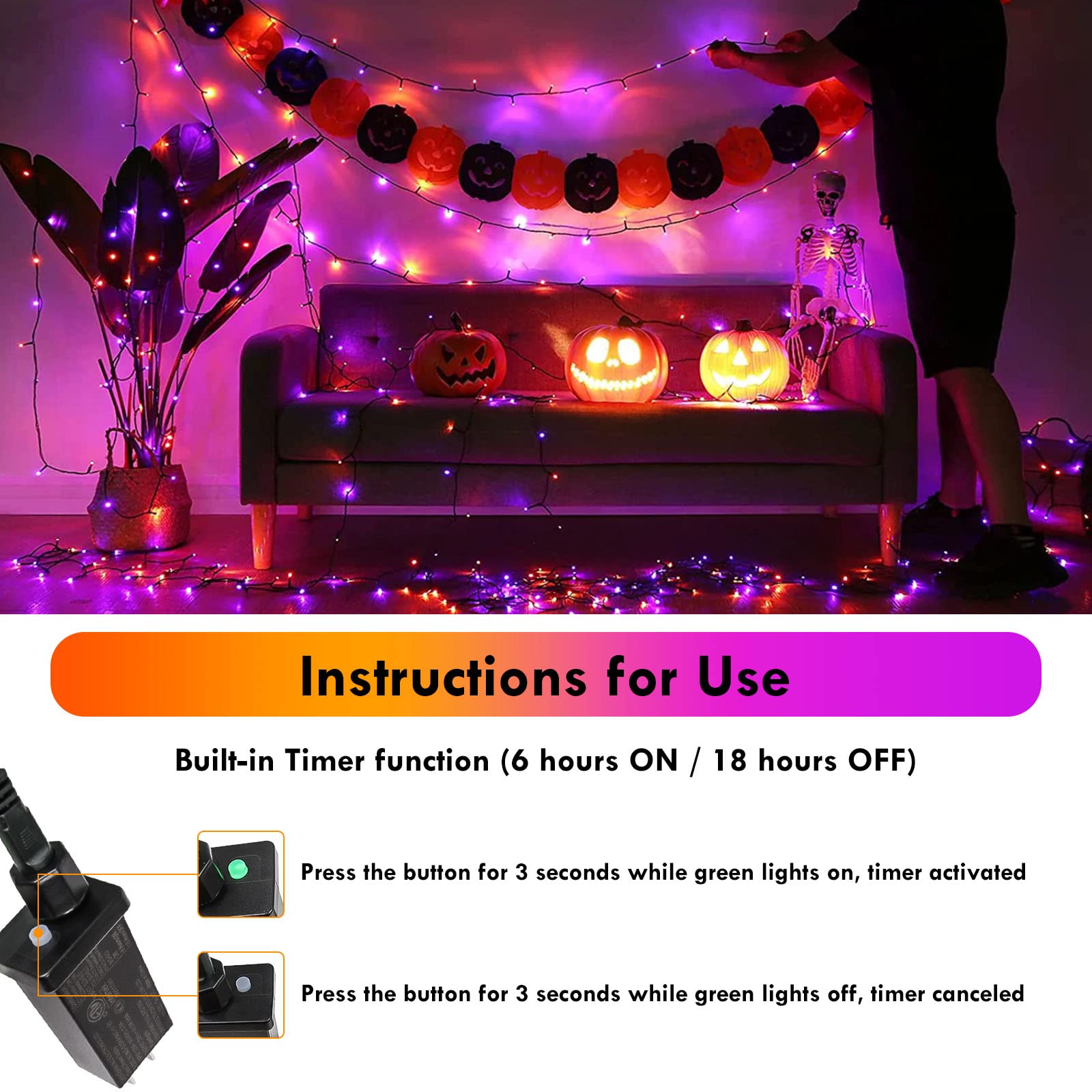 Snapklik.com : 2-Pack 66FT 200 LED Extendable Halloween Lights, Orange ...