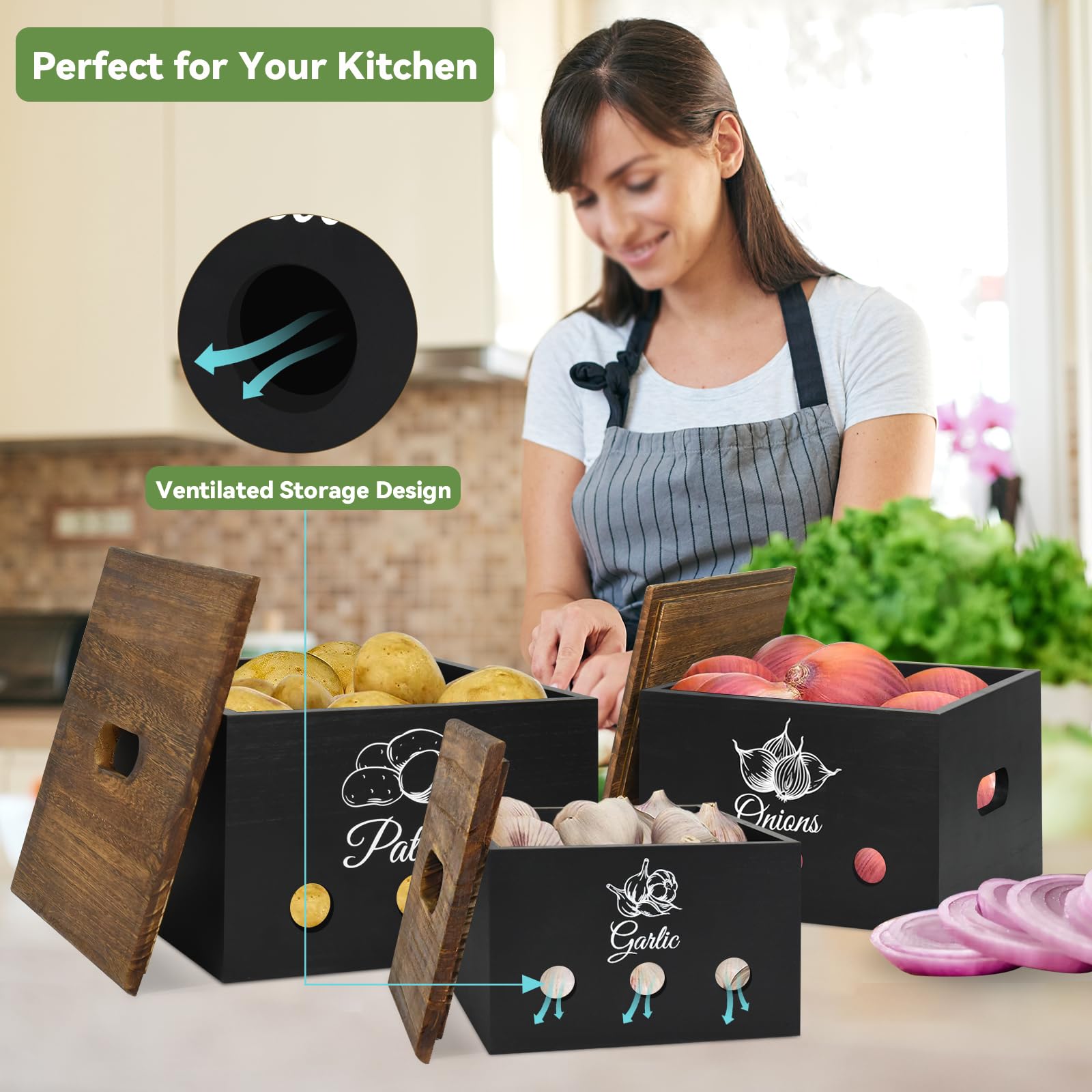 Potato and Onion Storage Bin, Wood Garlic Storage Canisters for Kitchen ...