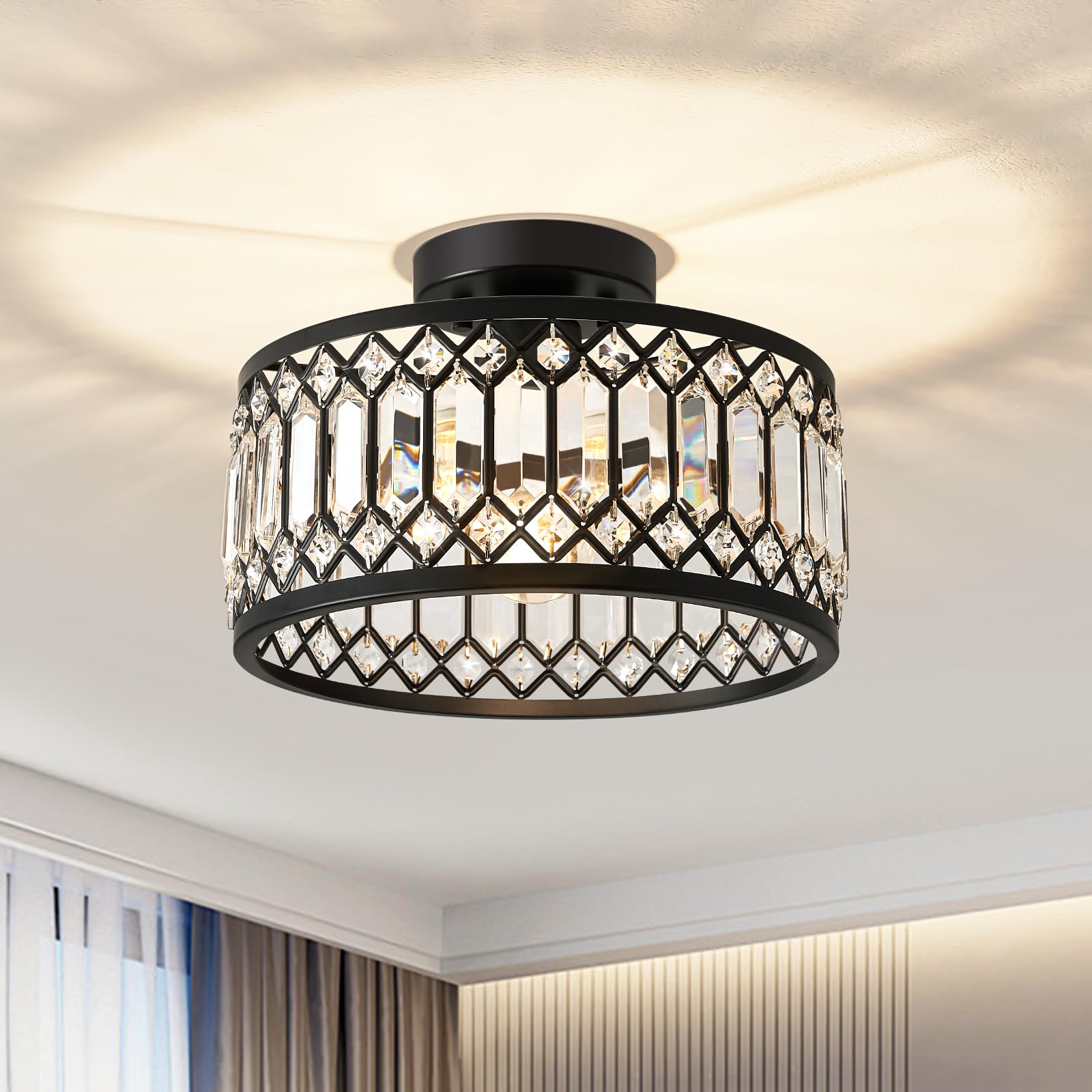 Pevfah Crystal Black Ceiling Light, Modern Semi Flush Mount Ceiling ...