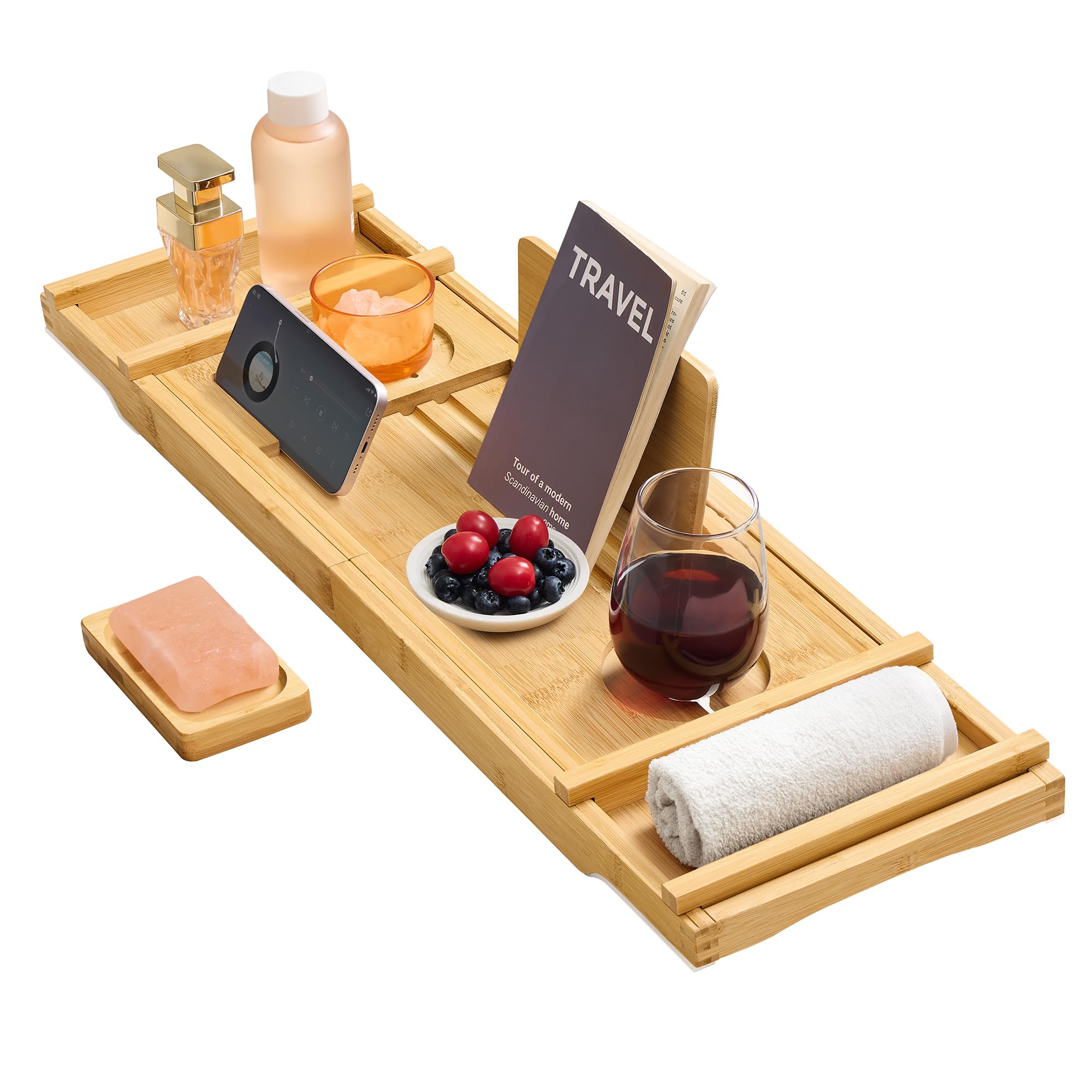 SONGMICS Bamboo Bath Tray, Extendable Bath Caddy Tray, 70-95.6 cm Wide ...