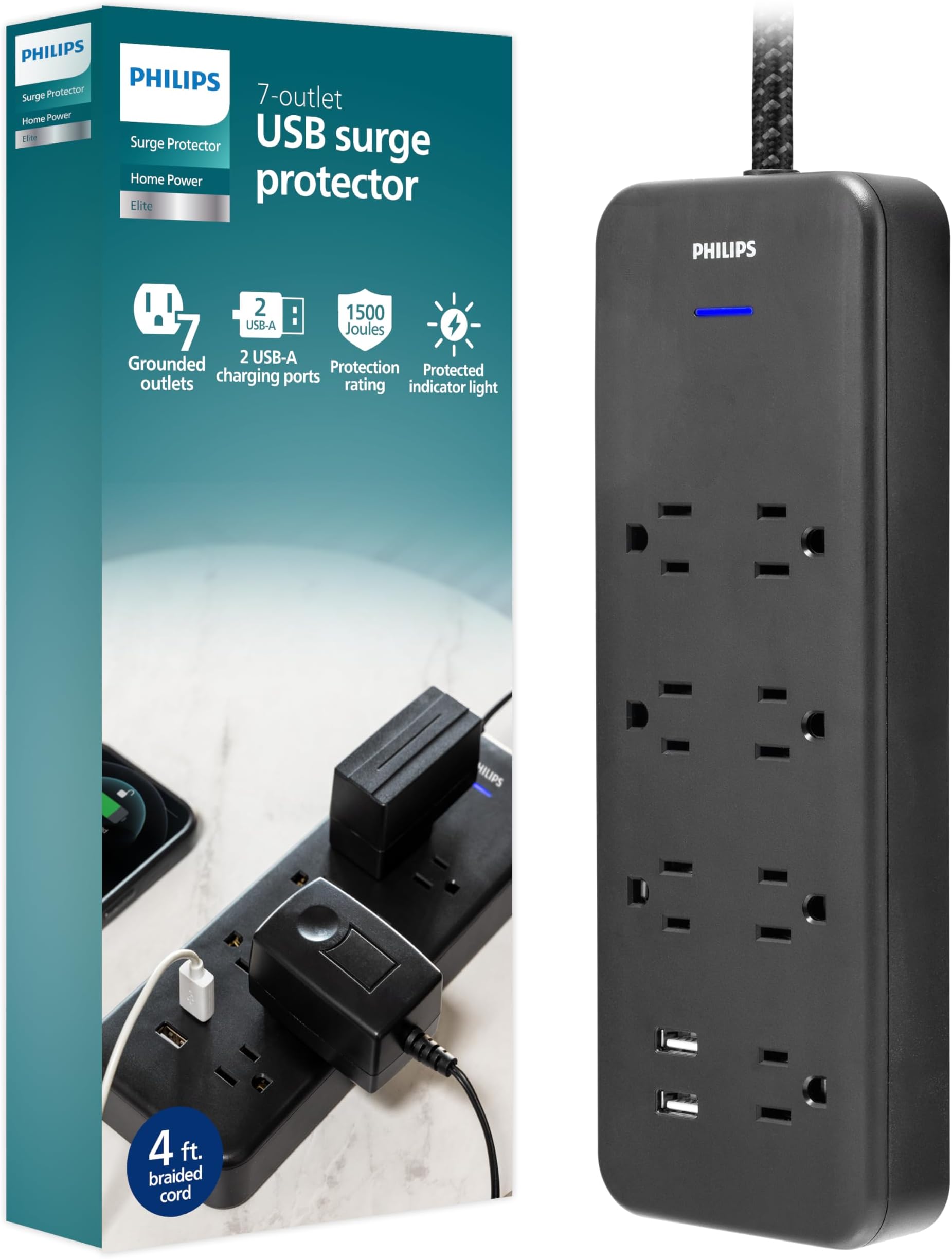 Amazon.com: Philips EZFit 7-Outlet Surge Protector Power Strip, 4 Ft ...