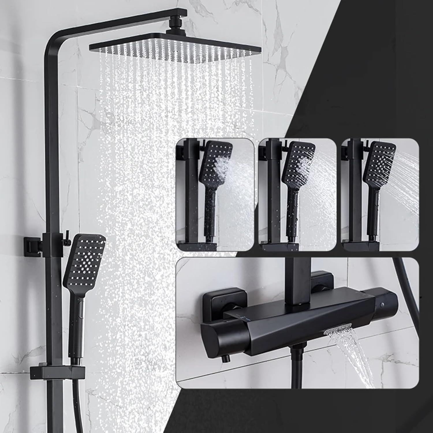 GLYYR Thermostatic Shower System Matte Black 3 Functions Tub Shower ...