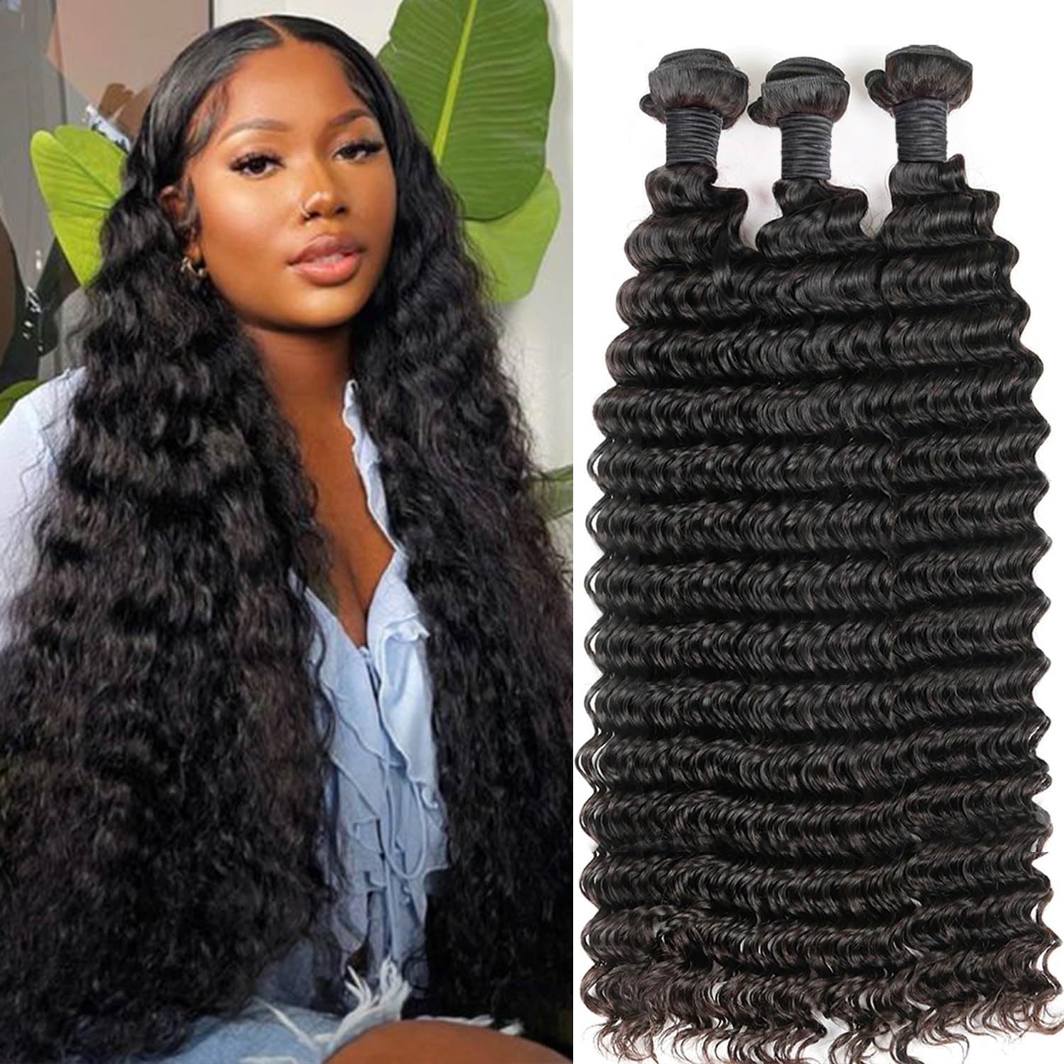 Amazon.com : 12A Deep Wave Human Hair Bundles 12 14 16 Inch Deep Curly ...