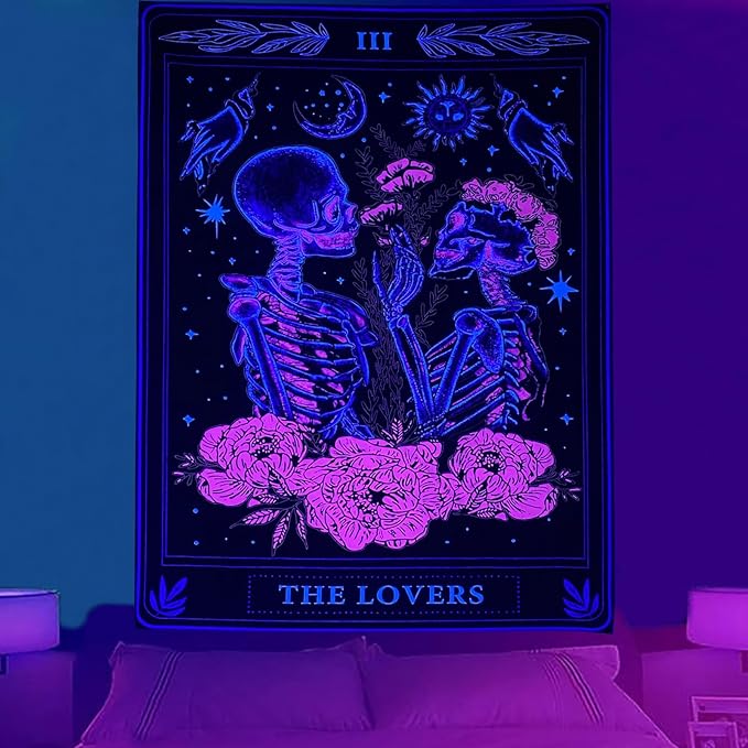 Amazon.com: Naykow Blacklight Skull Tapestry - Purple Blue Flower ...