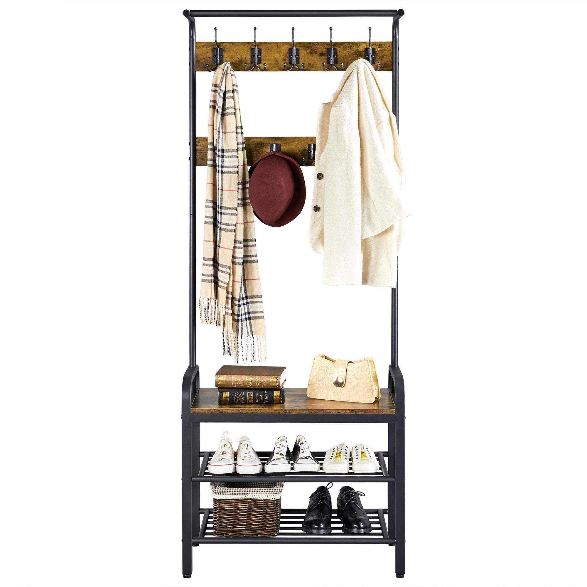Yaheetech Tall Coat Rack Stand, Freestanding Hall Tree with 2 Shelves ...