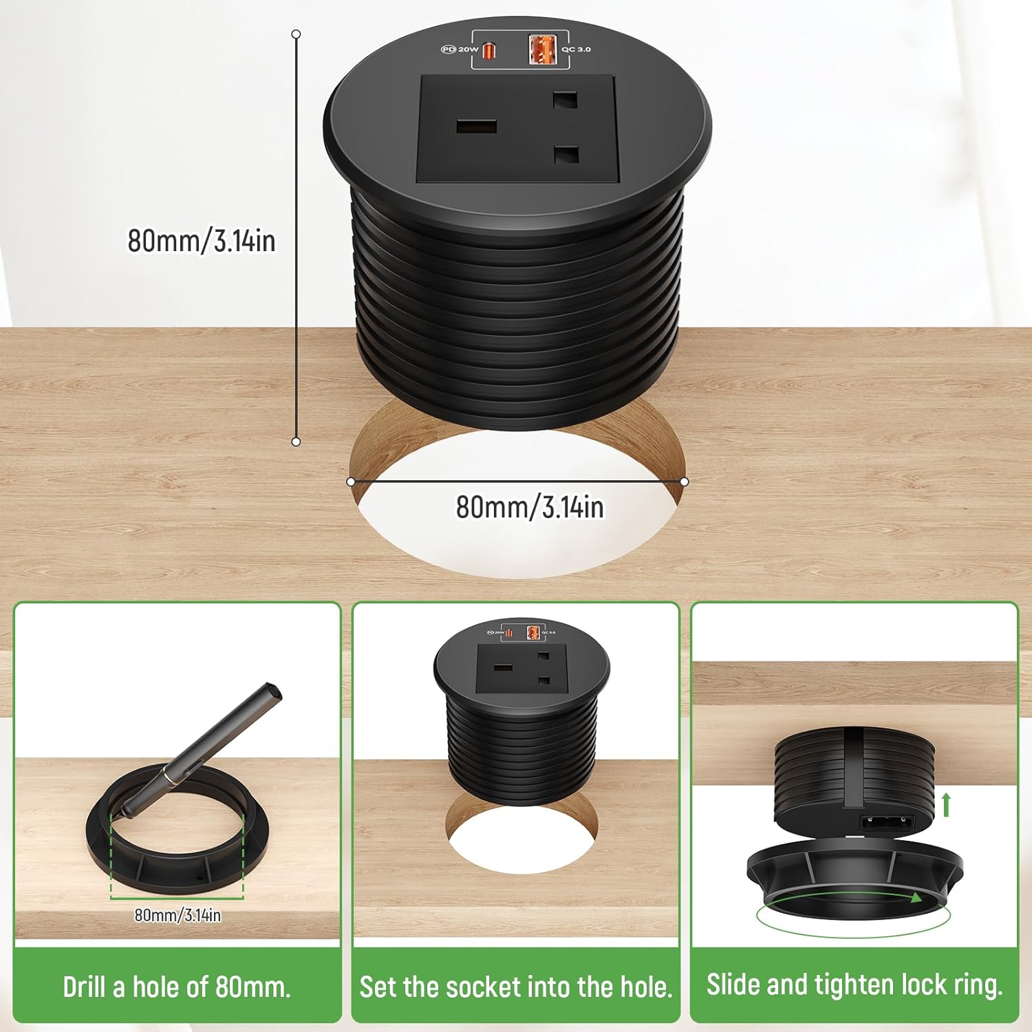 HANNELORE 80MM Desk Power Socket with USB C PD20W Oman | Ubuy