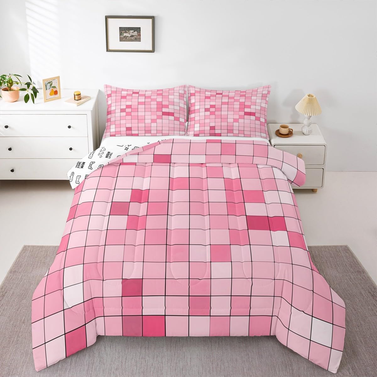 Amazon.com: Pixelated Blocks Miners Kids Bedding Set Queen Size,Video ...