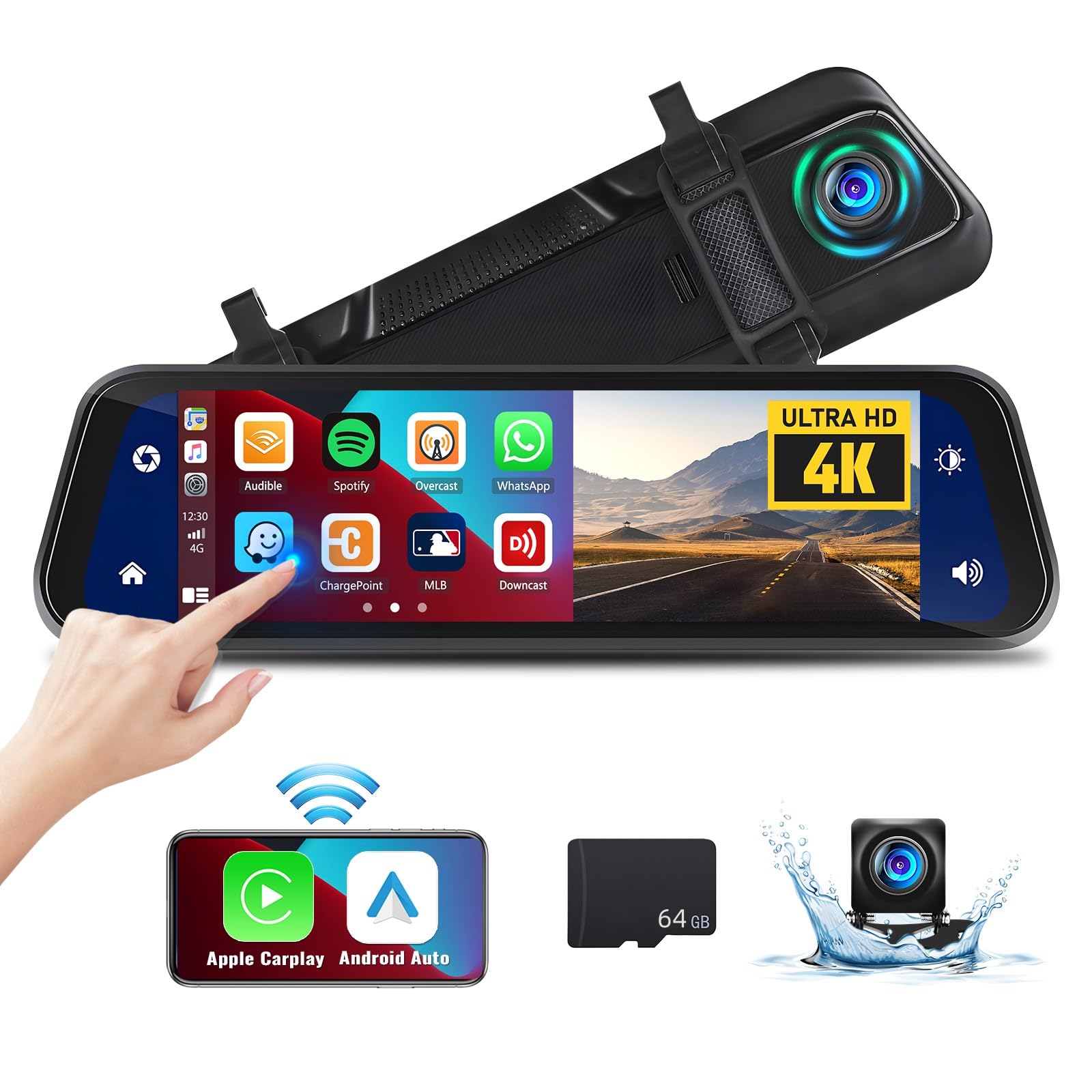 Buy CAMECHO 4K Mirror Dash Cam with Wireless Apple CarPlay Android Auto ...