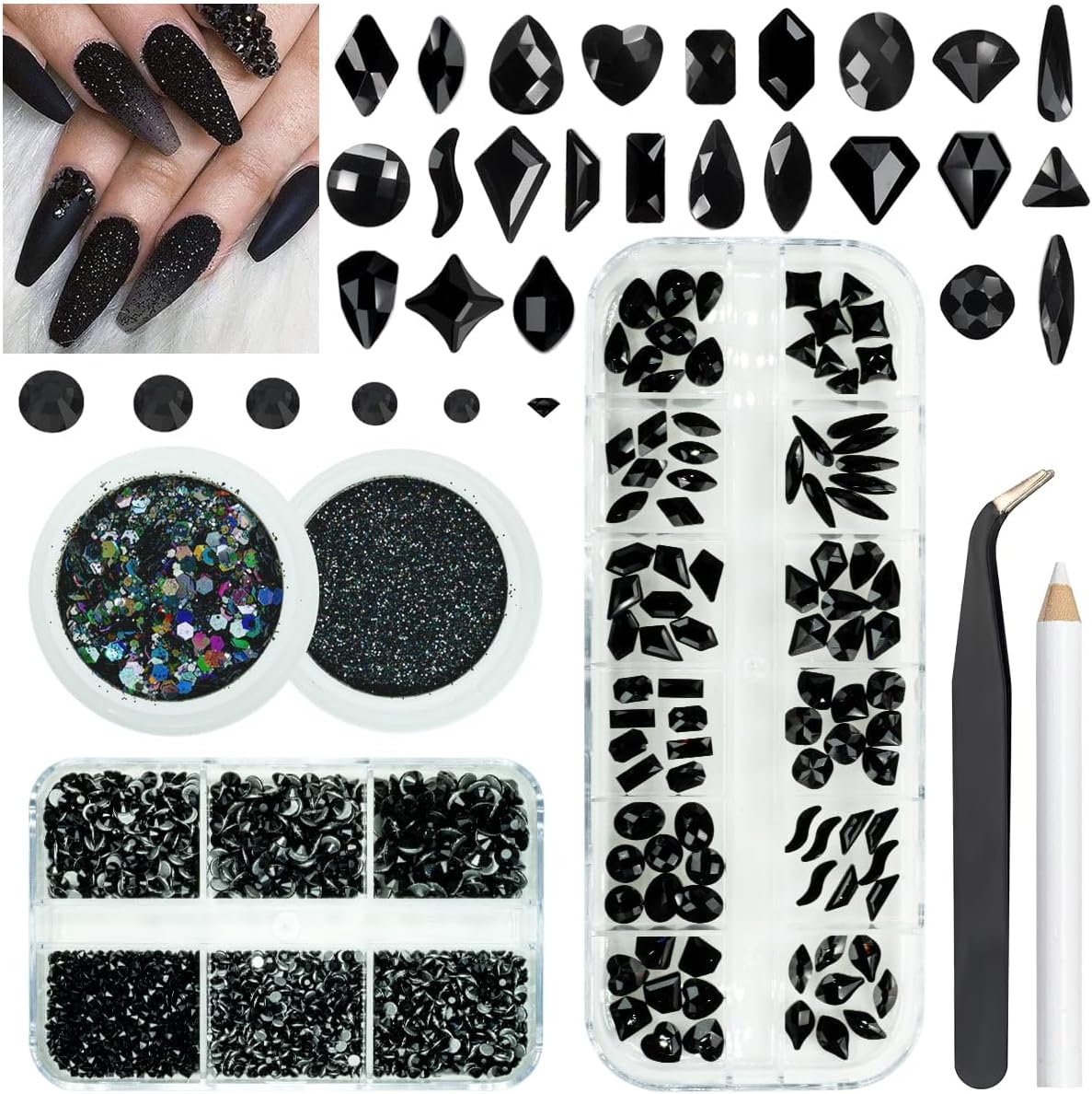 Amazon.com: 4 Boxes Black Nail Rhinestones Nail Glitters Kit, 24 Shapes ...