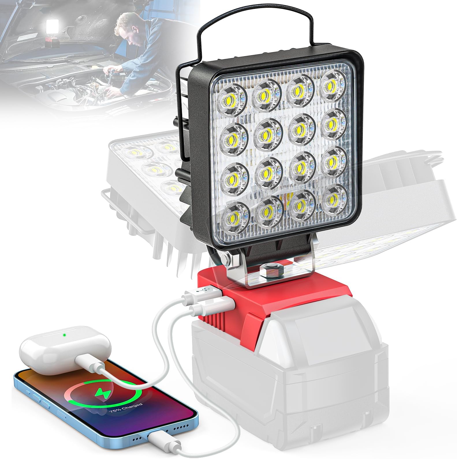 1Pack Cordless LED Work Light for Milwaukee 18v Battery, 48W 4800Lumens ...