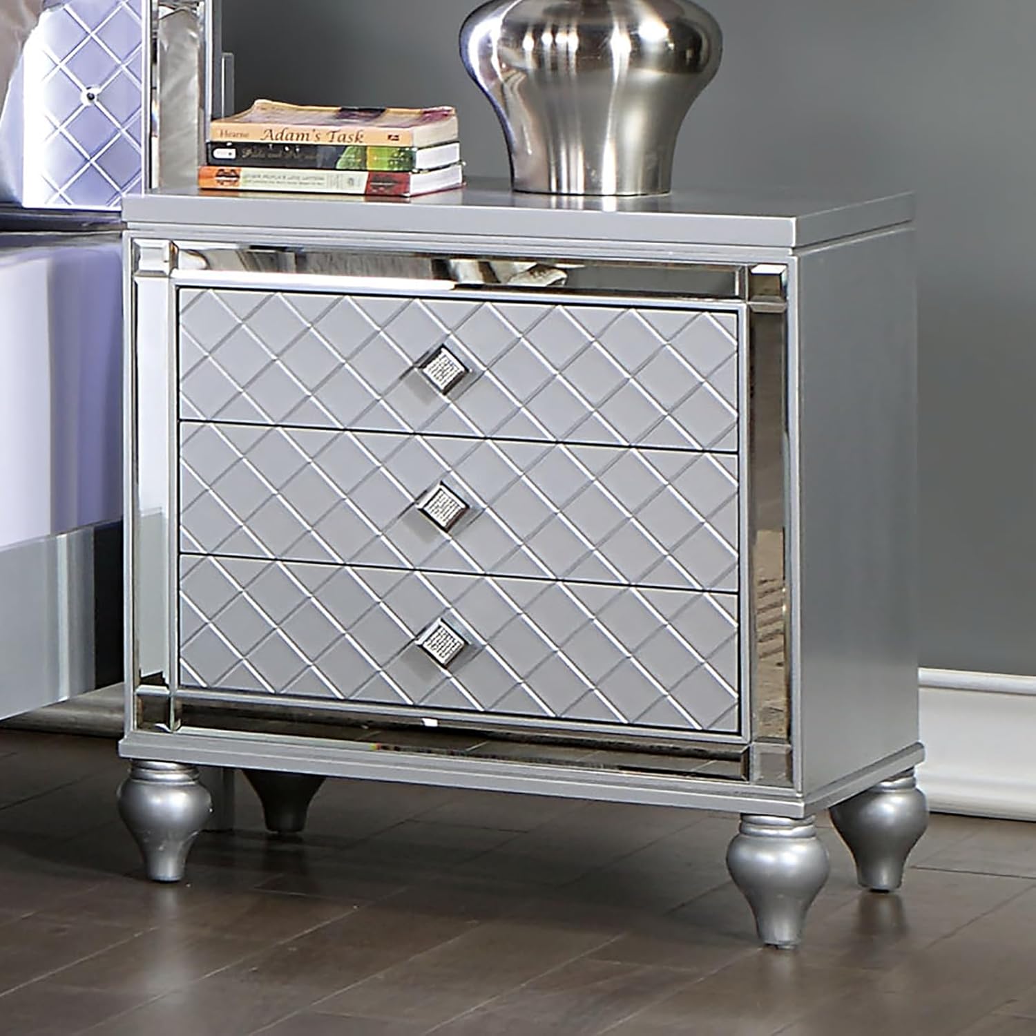 Contemporary 1pc Nightstand Silver Color Pebbled Texture Diamond ...