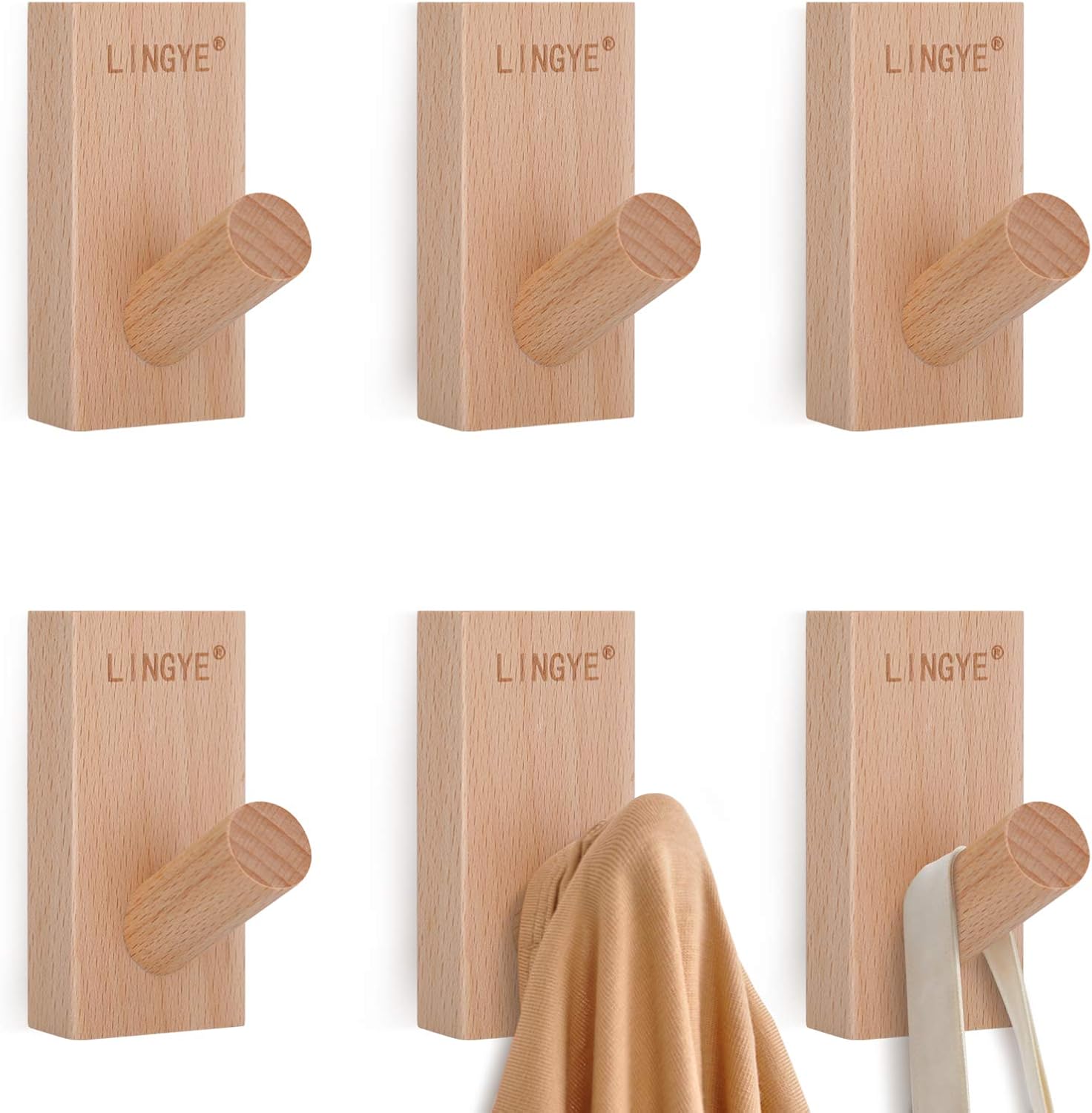 LINGYE Holz Kleiderhaken, 6 Stück Holz Haken Naturholz Wandhaken ...