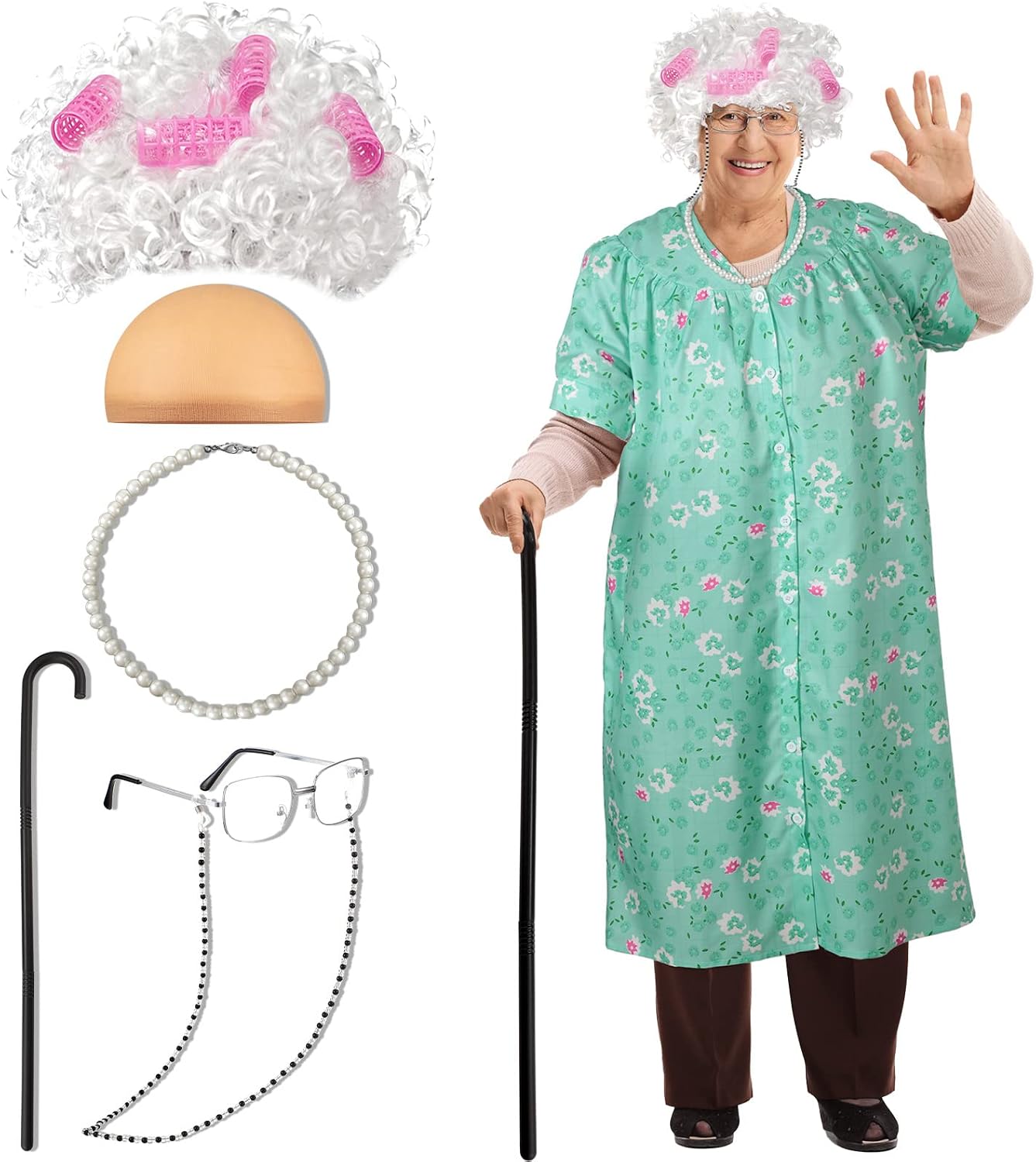 Amazon.com: Jiuguva 7 Pcs Old Lady Costume for Girls Women 100th Days ...