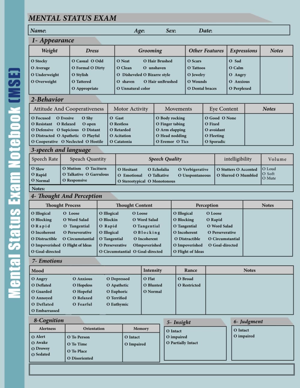 Mental Status Exam Notebook (MSE): Focused Templates For Therapists Of ...