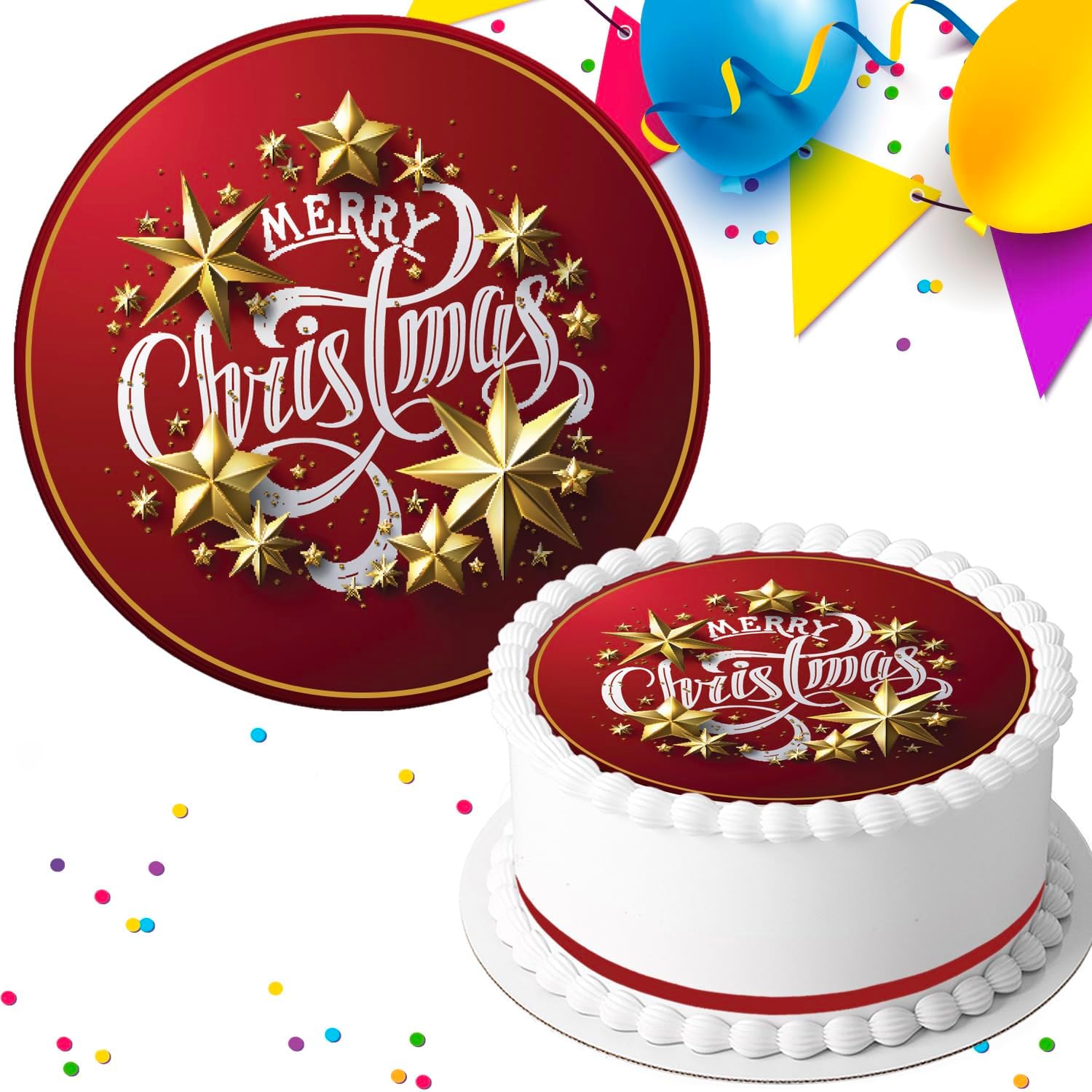 Merry Christmas with Wreath Round Circle Cake Edible Icing or Wafer ...