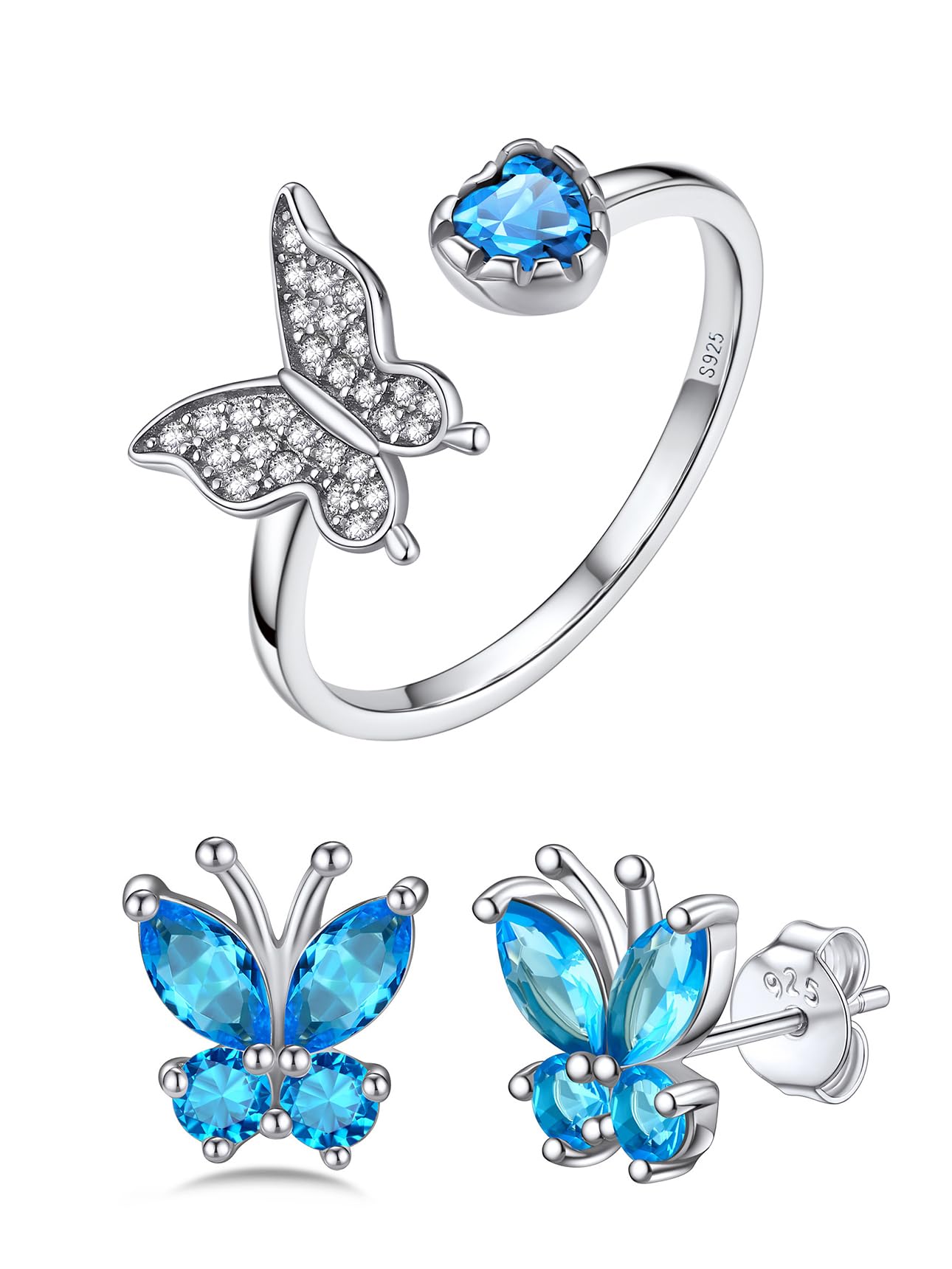 Amazon.com: Bestyle Sterling Silver CZ Butterfly Earring Ring Butterflies December-Blue Topaz ...