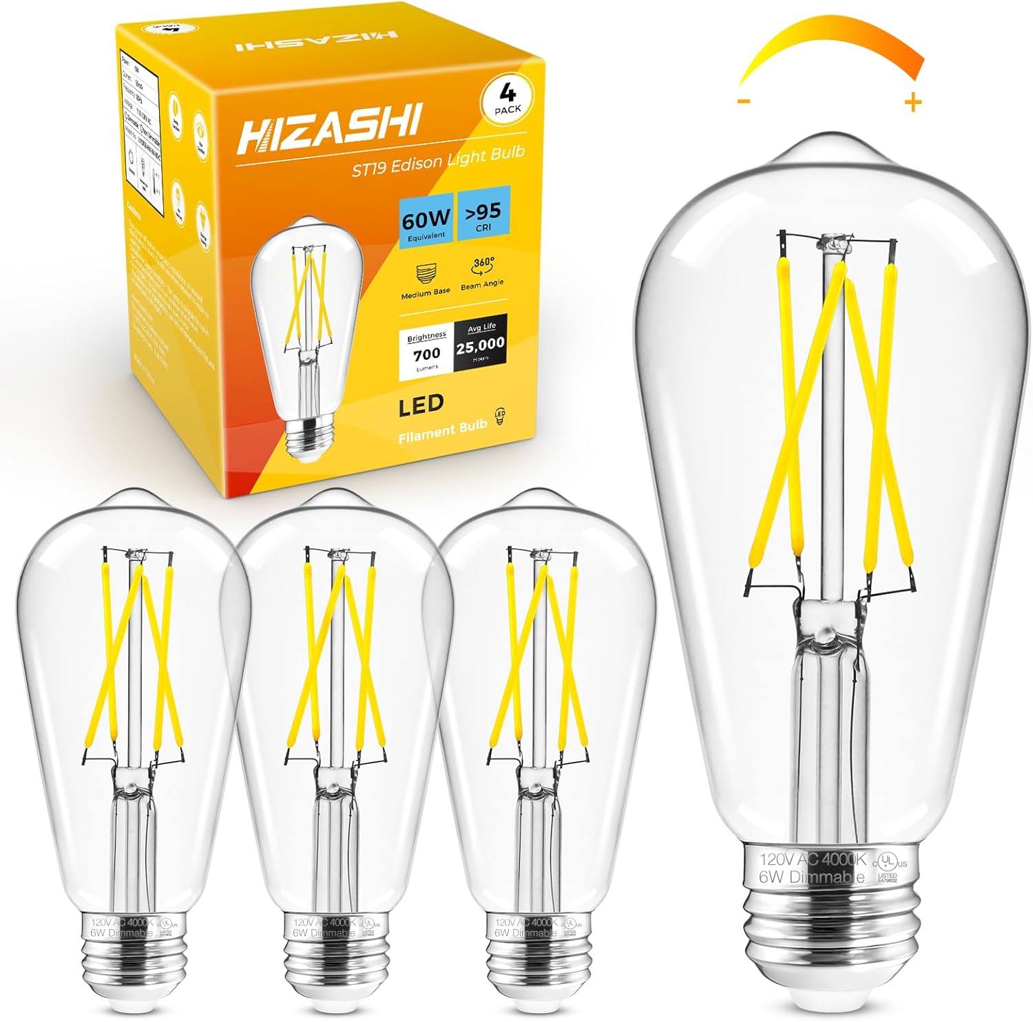 Hizashi Edison Bulbs Dimmable, Vintage E26 LED Bulb 60 Watt Equivalent ...