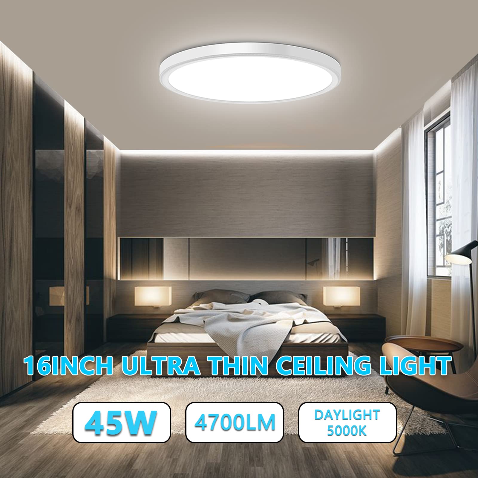 WKONCLDY Two Pack 4700lm LED Flush Mount Ceiling Light, Super Slim 16 ...