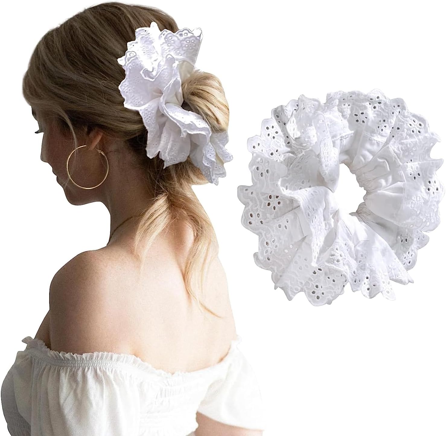 White Lace Scrunchies - Large Hair Scrunchies for Women, Bobbles Elastic Hair Bands Hair Ties ...