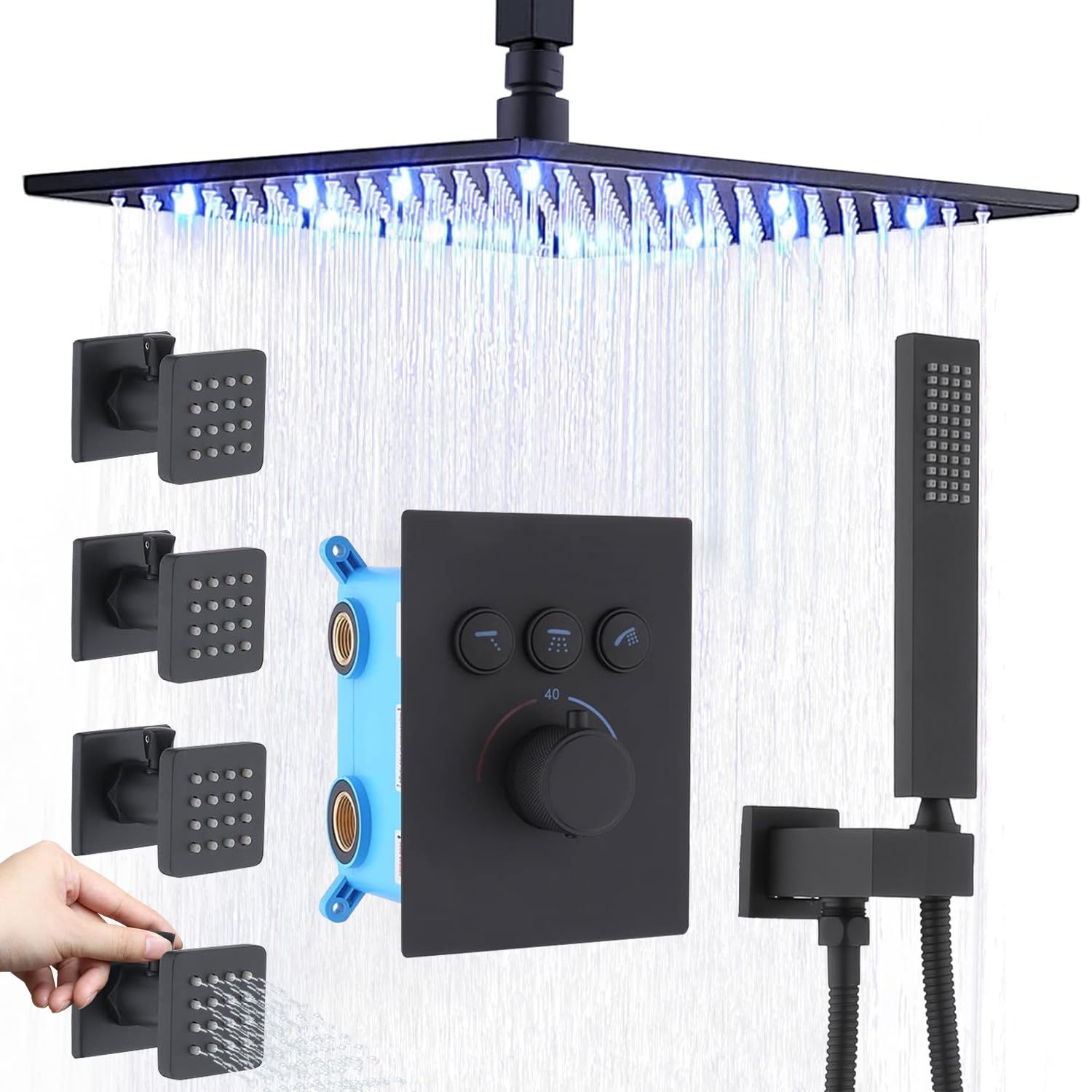 Backnets Matte Black Shower System Full Body Thermostatic Luxury Shower ...