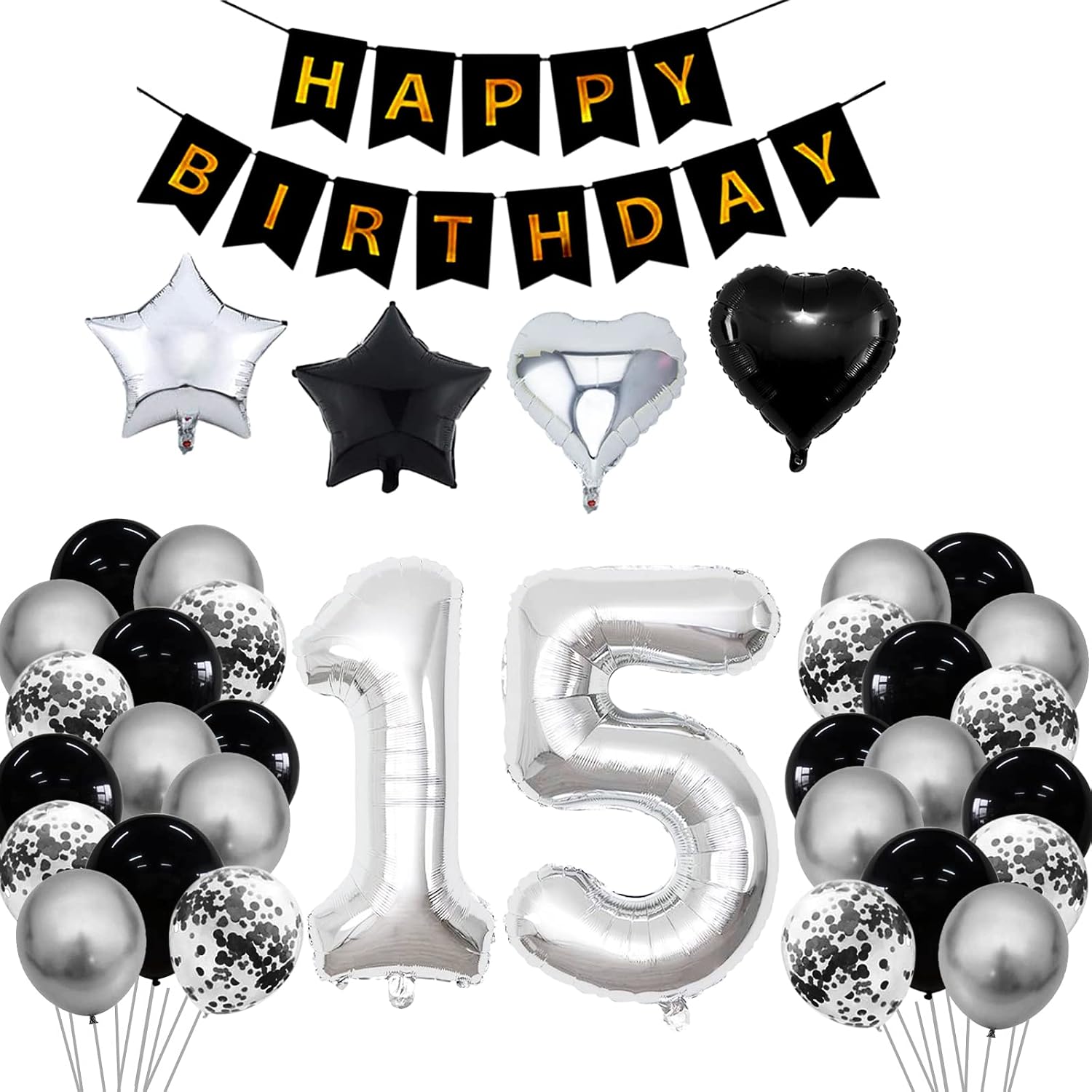 15th Birthday Decorations for Boys Girls Black Silver Happy Birthday ...