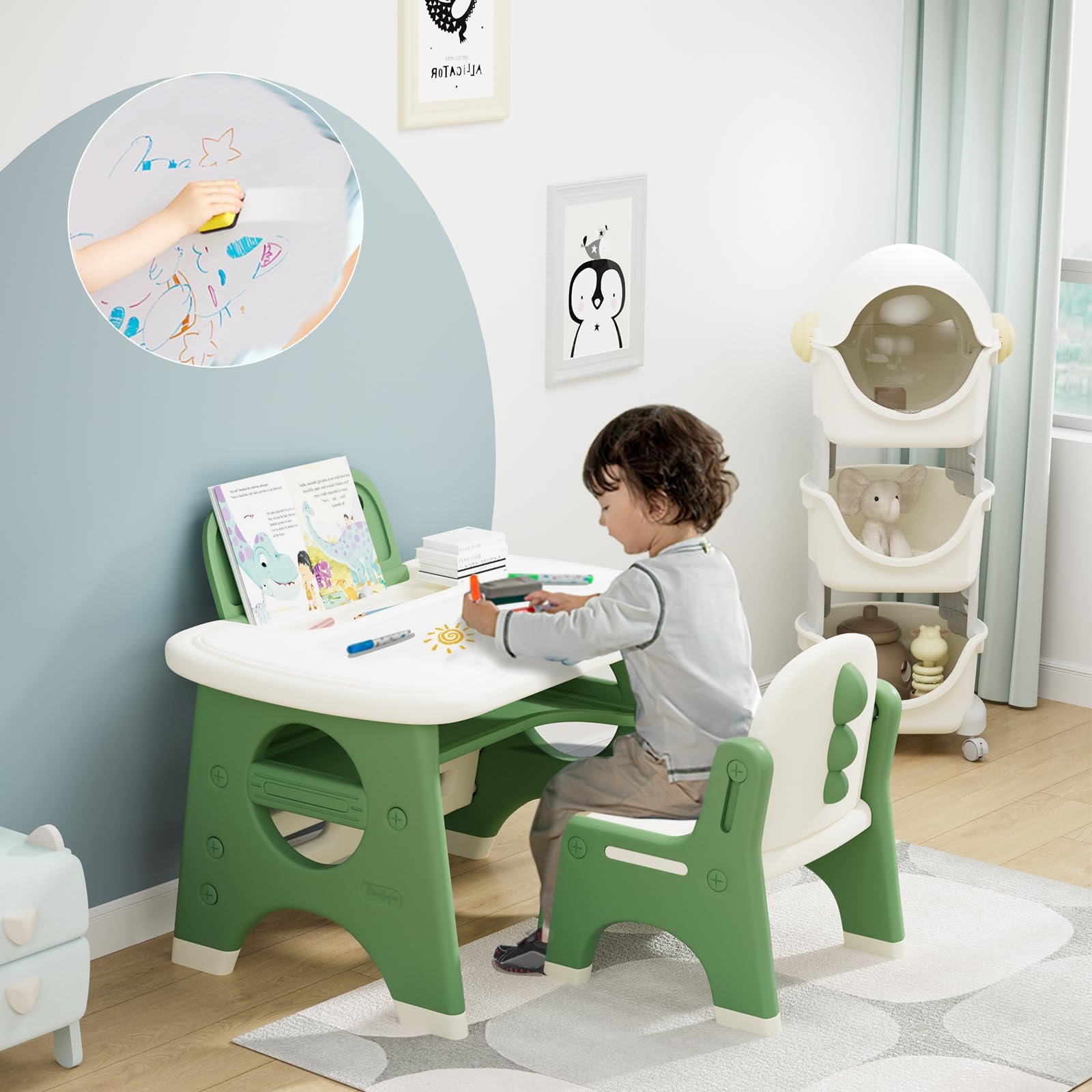 HOMCOM 2-In-1 Kids Table and Chair Set Drawing Board Writing Study Desk ...