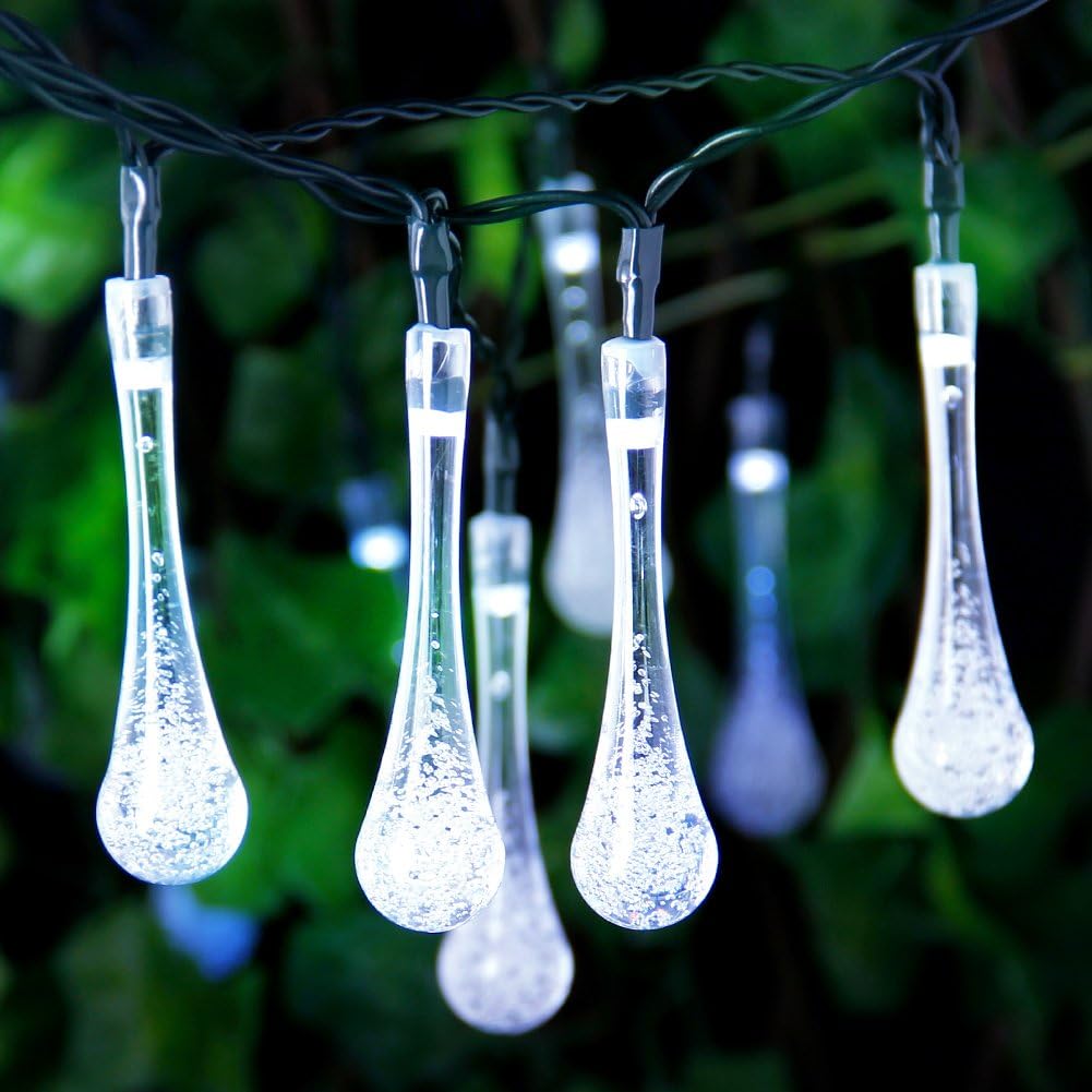 CYLAPEX Waterdrop LED Lights Solar Powered Outdoor String Lights, with ...