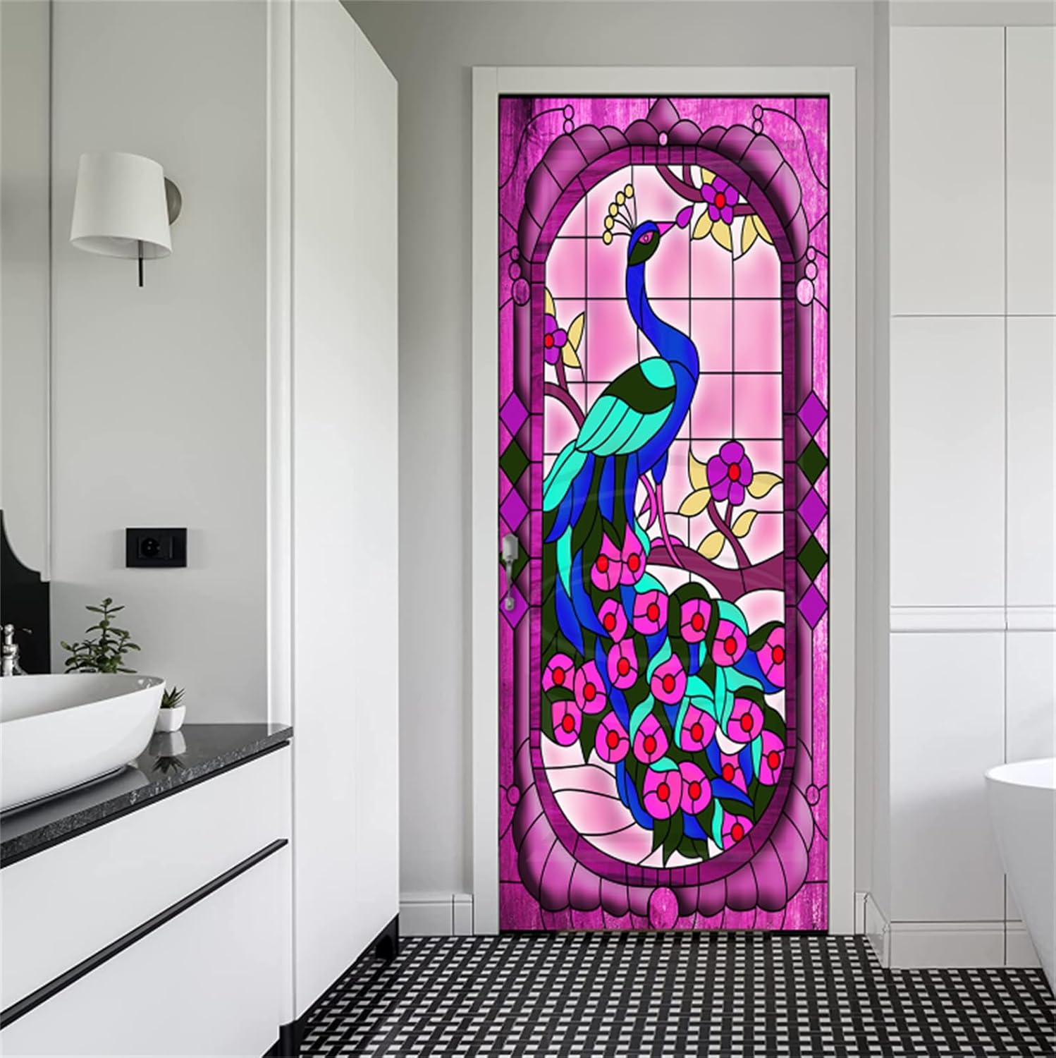 FLFK Peel and Stick Door Sticker 77x200cm-3D Stained Glass Peacock Self ...