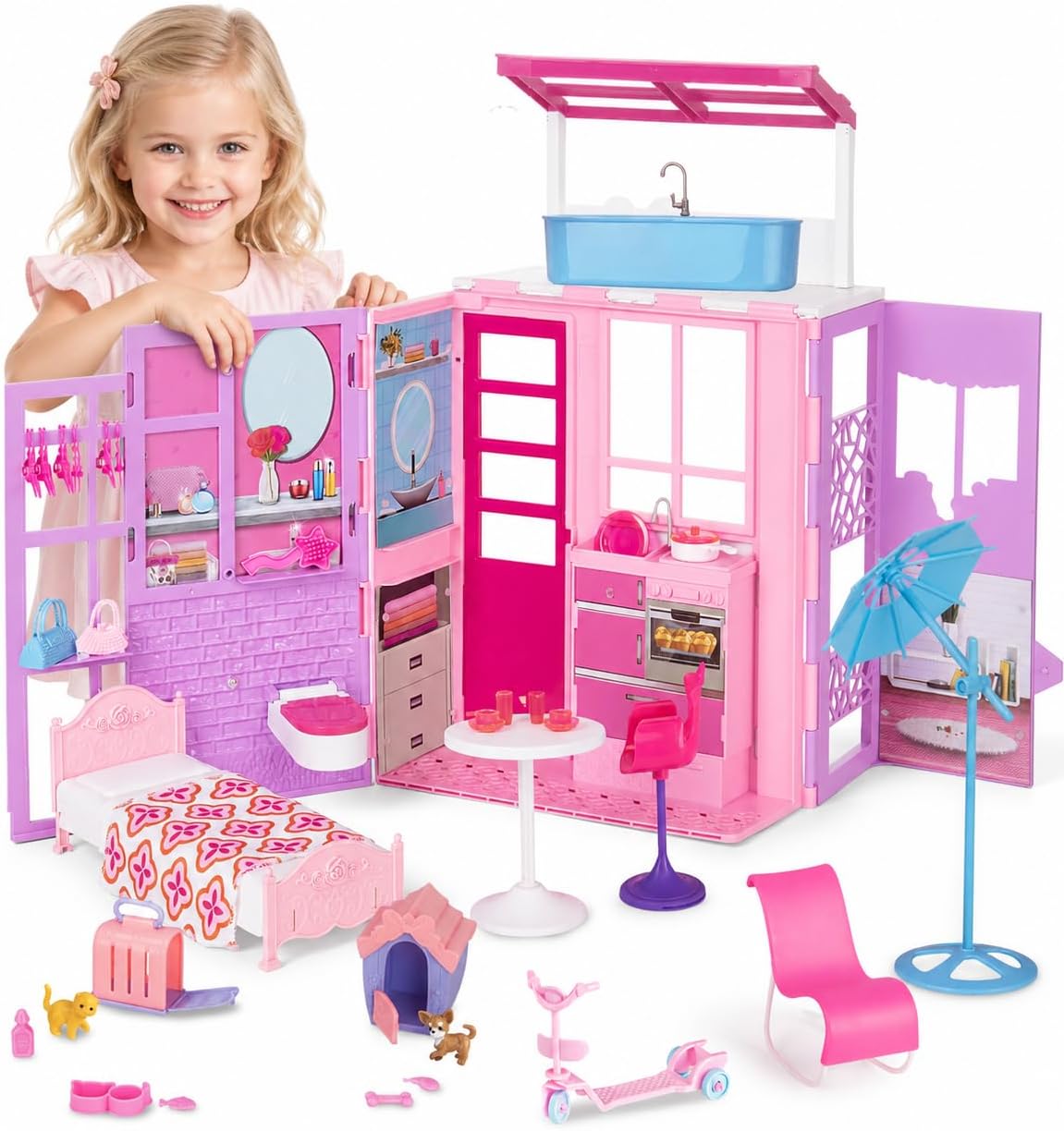 Amazon.com: Doll House for 11.5-inch Dolls, 2-Story Foldable Dollhouse ...