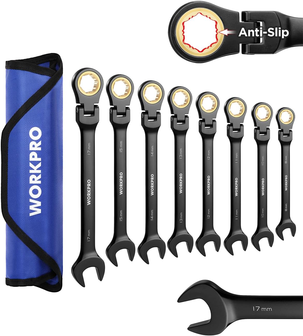 WORKPRO 9-Piece Anti-Slip Ratcheting Combination Wrench Set, SAE 1/4"-3 ...