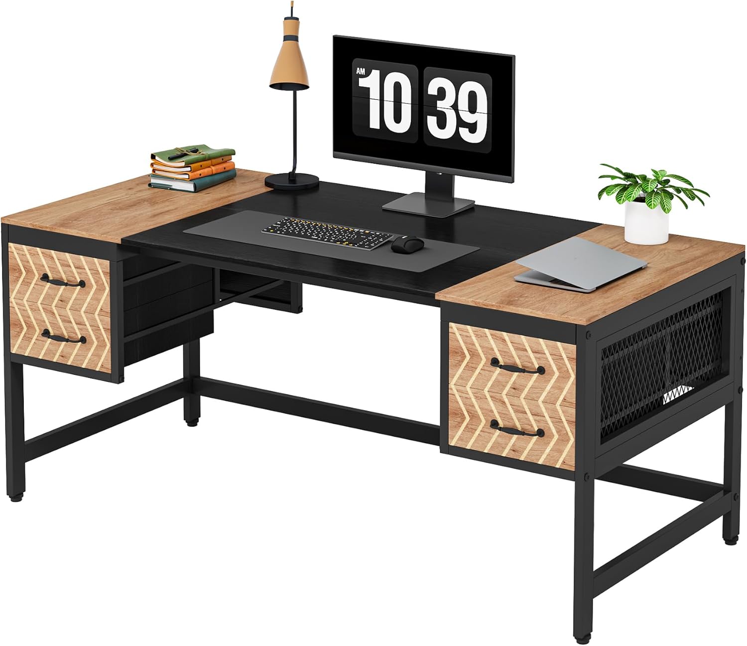 Amazon.com: LITTLE TREE 63" Computer Desk with 4 Storage Drawers, Wood ...