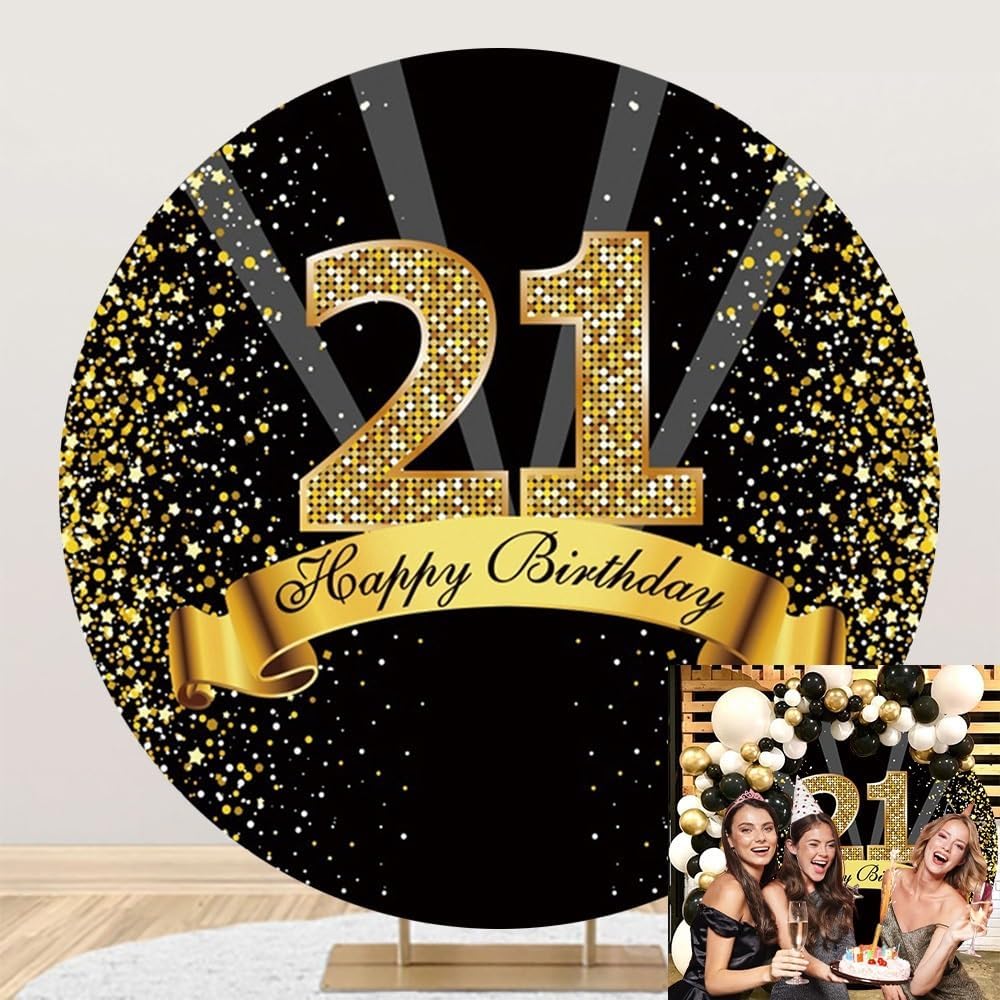 Amazon.com : OERJU Happy 21st Birthday Round Backdrop Cover Black and ...