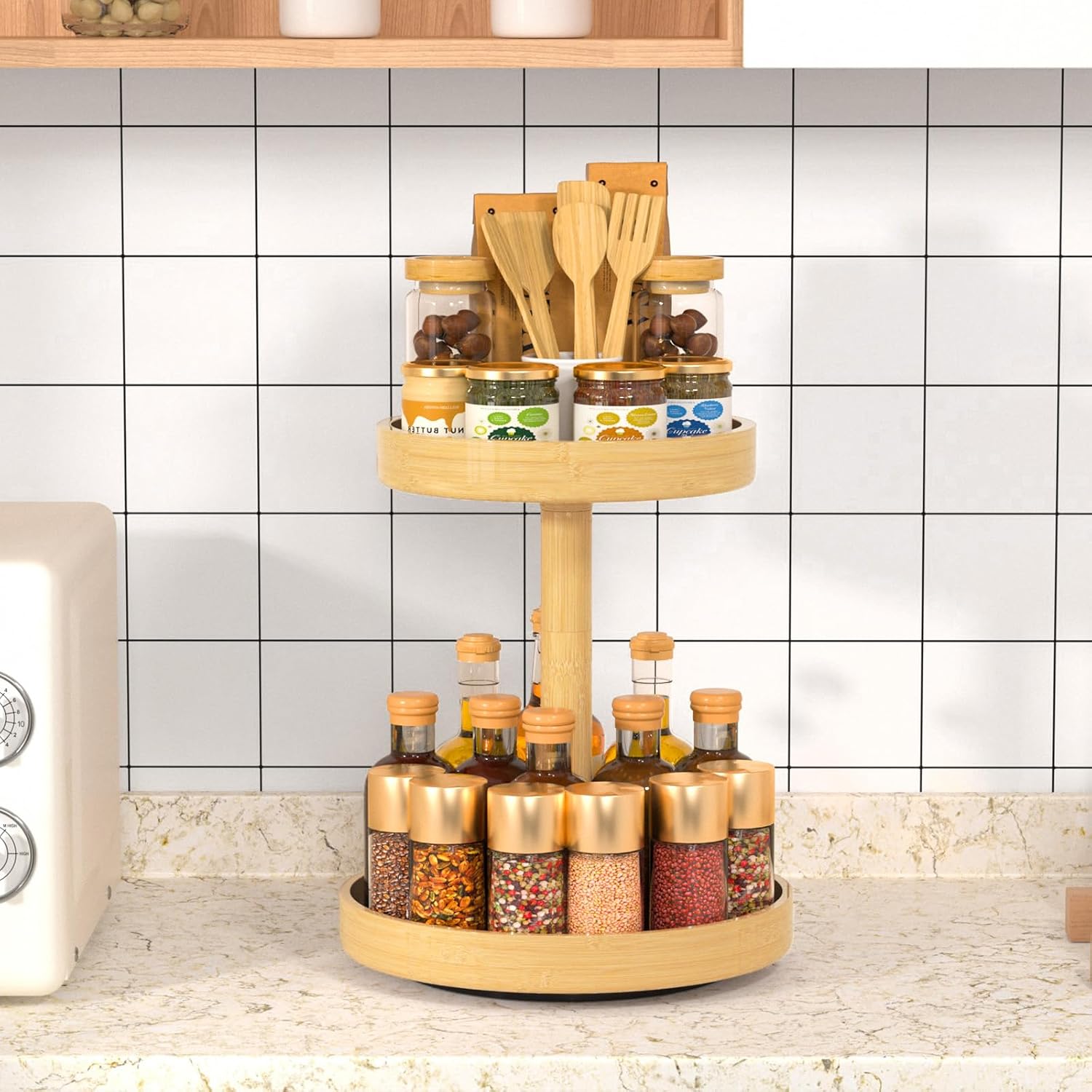 Amazon.com - 2 Tier Bamboo Lazy Susan Organizer for Kitchen,Turntable ...
