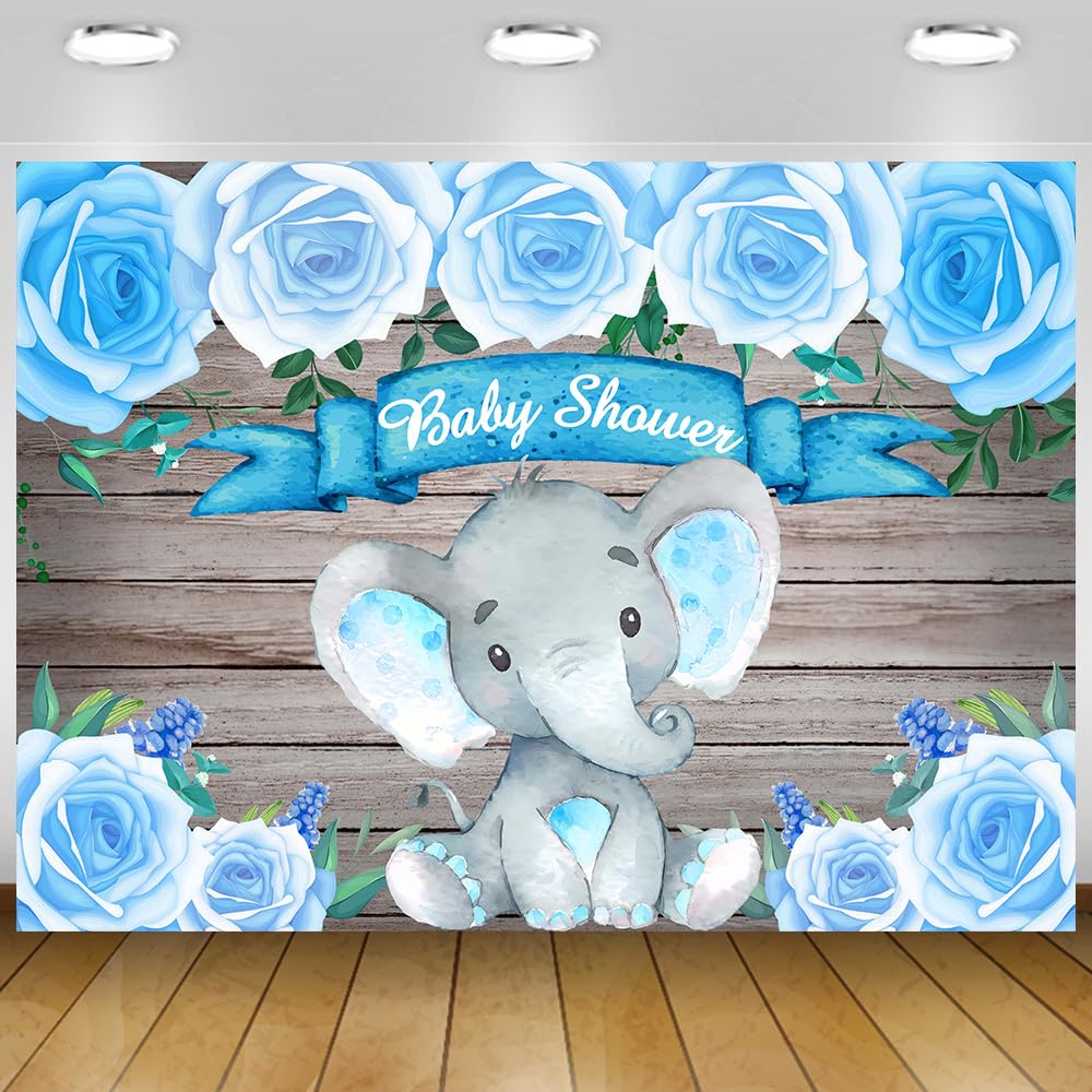 Amazon.com : Blue Floral Elephant Baby Shower Backdrop Rustic Wood ...