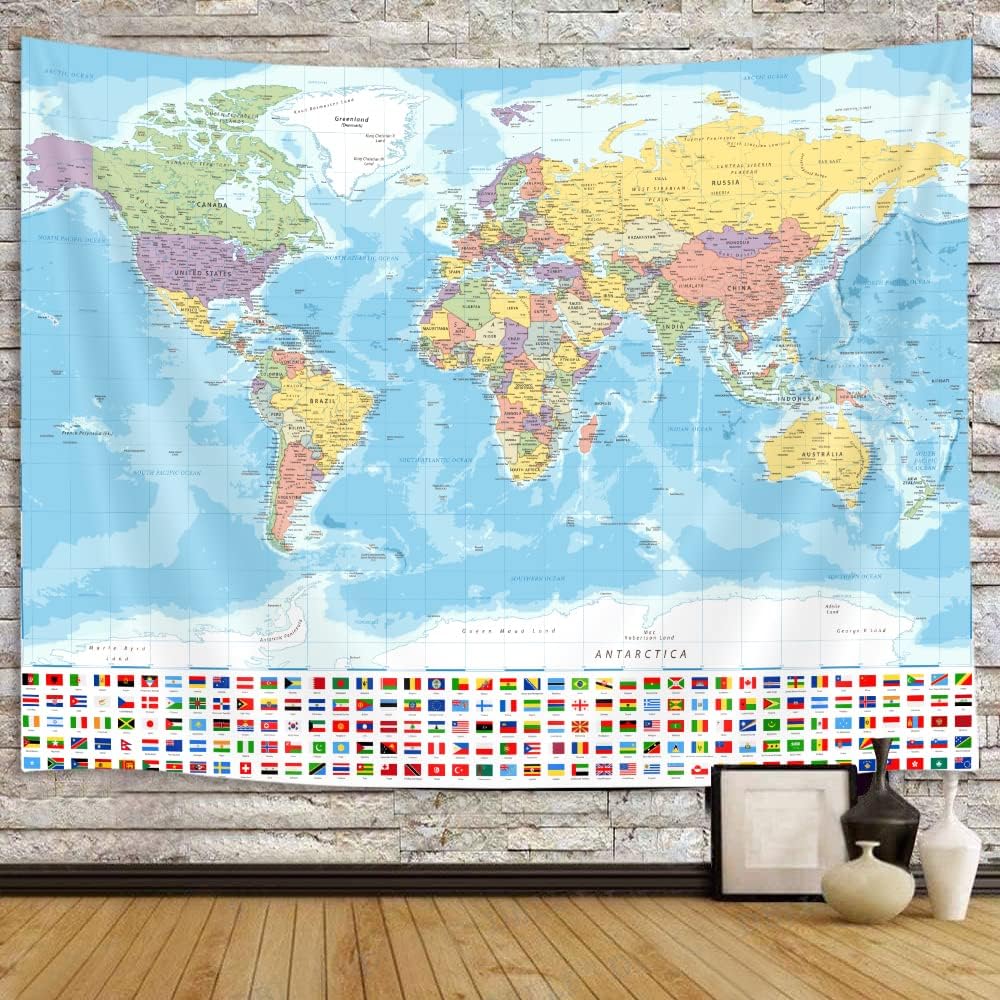 World Map Tapestry Wall Hanging, Map of The World with National ...