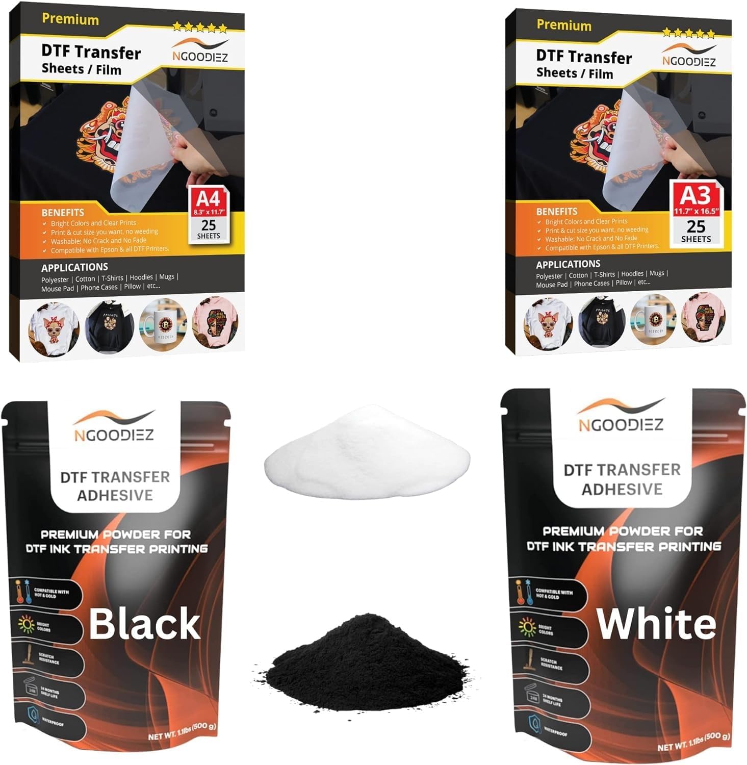 Amazon.com: DTF Powder White and Black - Direct to Film Sheet A4 A3 ...